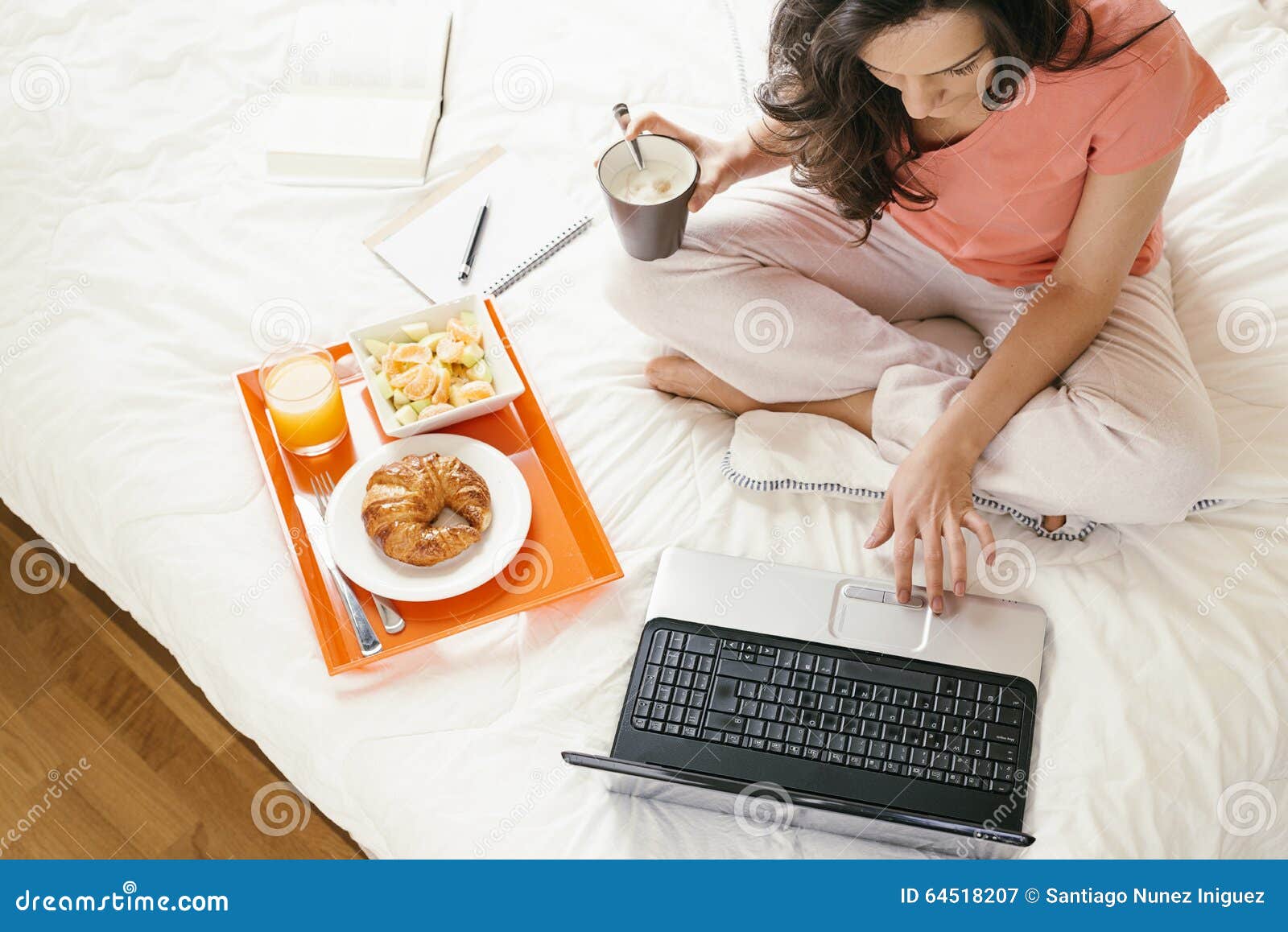 Woman Working with Her Laptop Computer and Having Breakfast. Stock ...