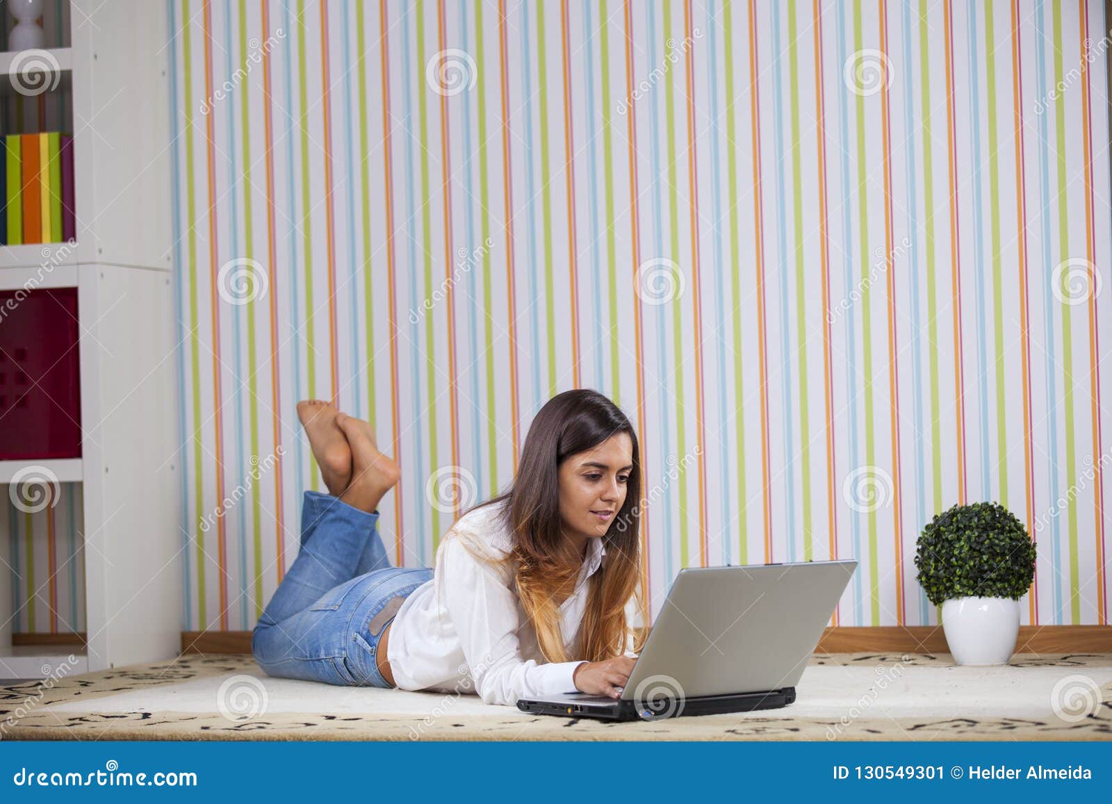 Woman Working at Her Laptop Stock Image - Image of computer, barefoot ...