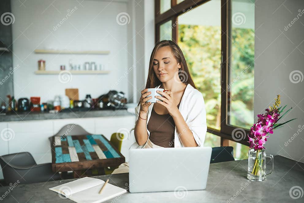 Woman Working from Home at the Computer Stock Photo - Image of girl ...