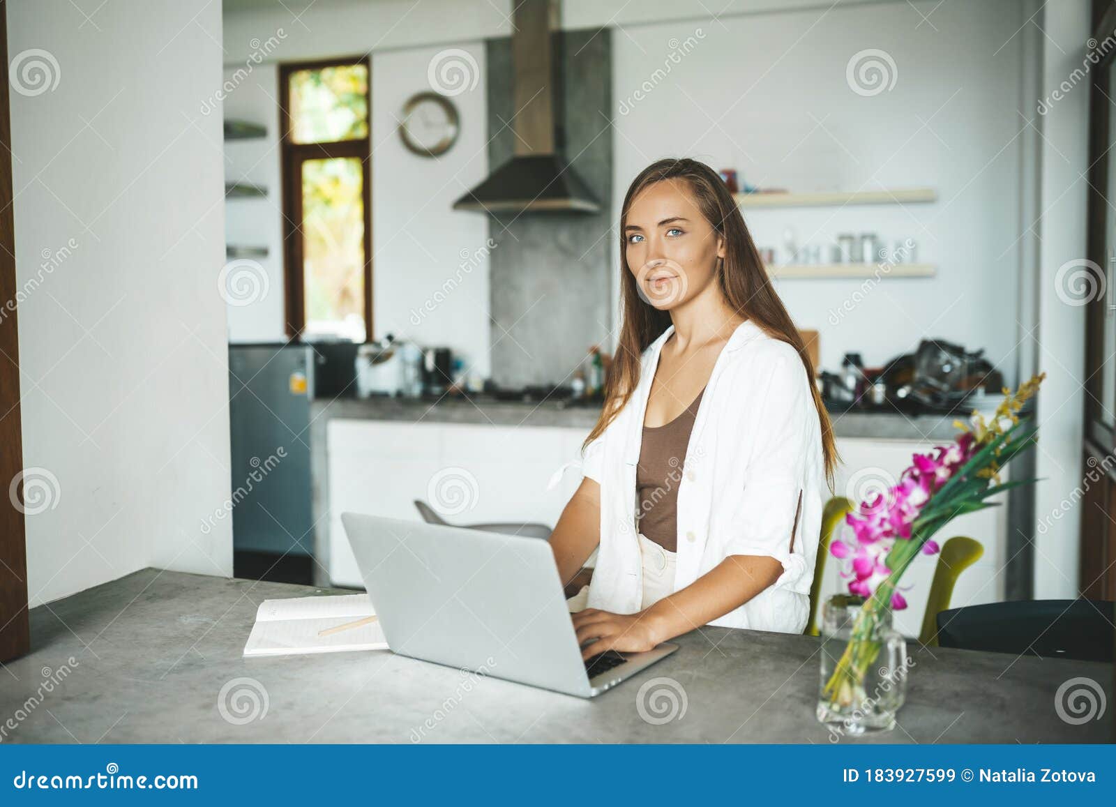 Woman Working from Home at the Computer Stock Image - Image of female ...
