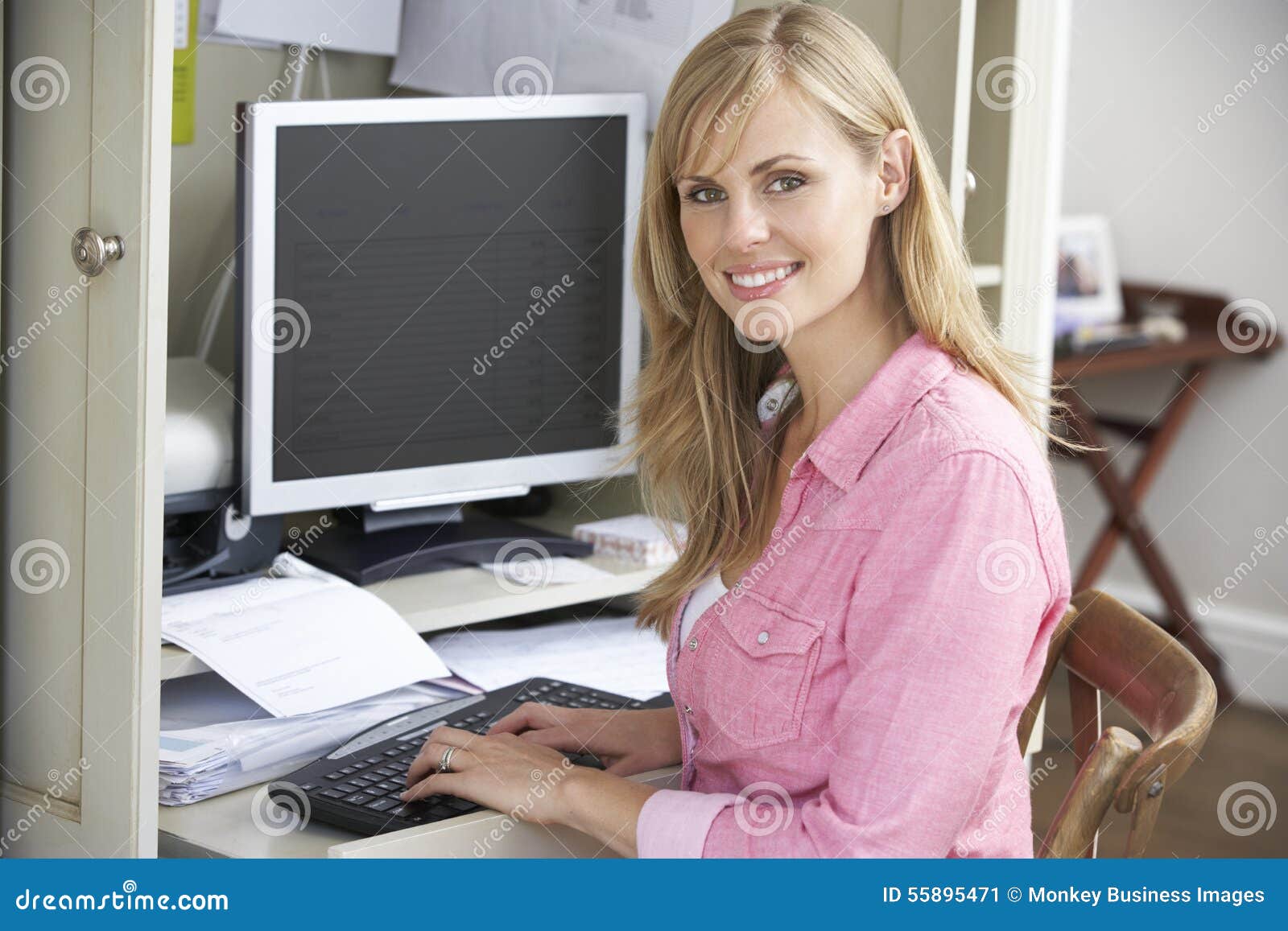 Woman Working in Home Office Stock Image - Image of smiling, female ...