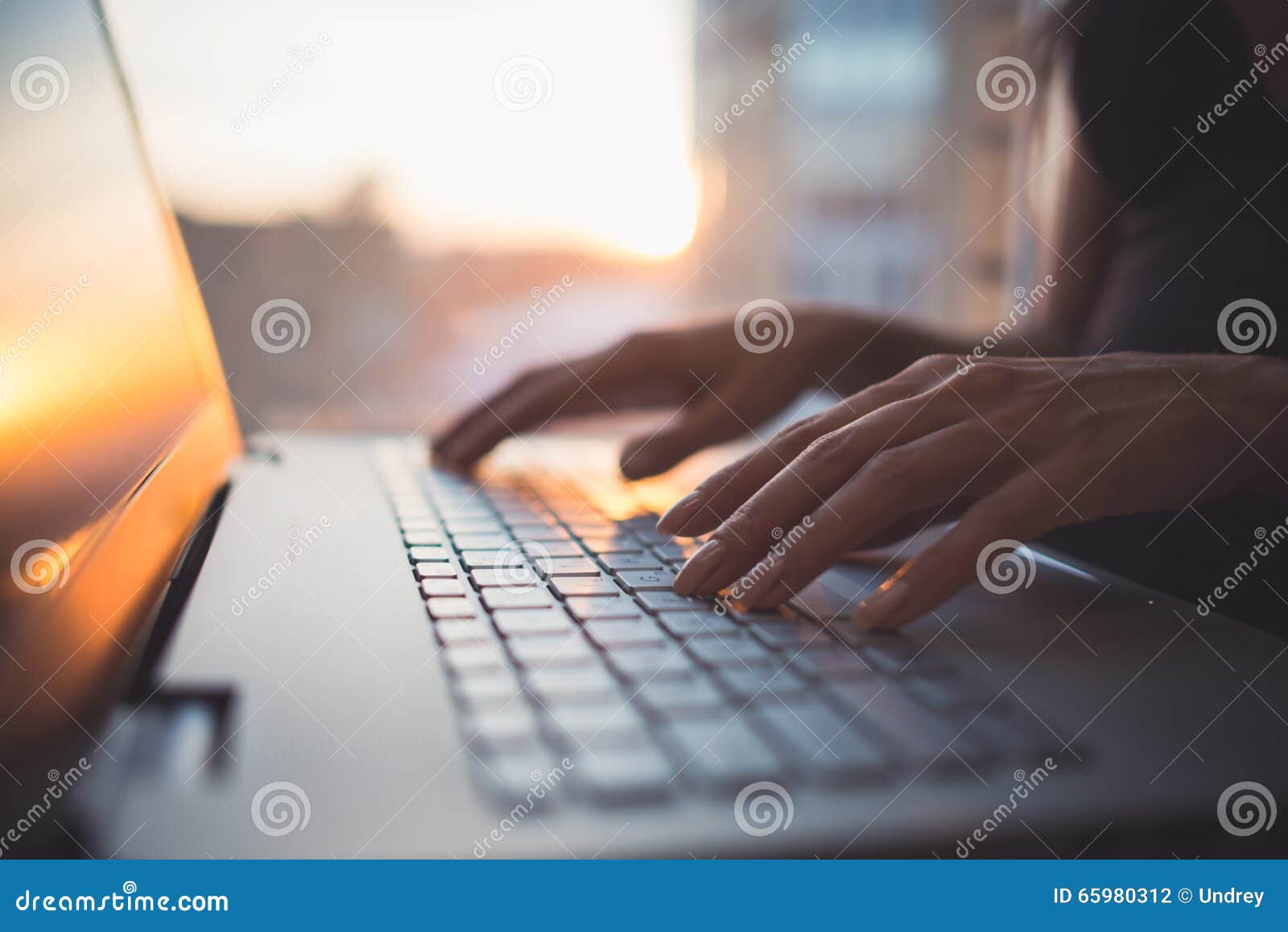 Woman Working at Home Office Hand on Keyboard Close Up Stock Photo ...