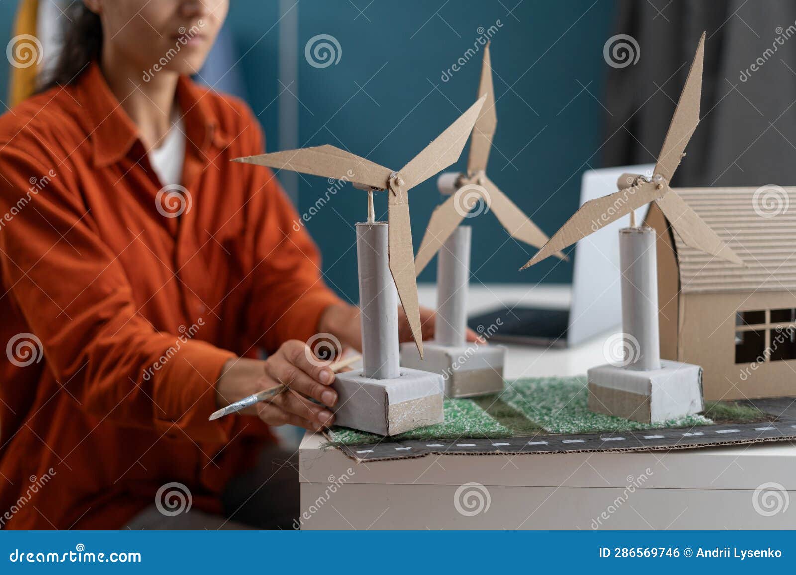 Woman Working from Home on Renewable Alternative Wind Energy Science ...