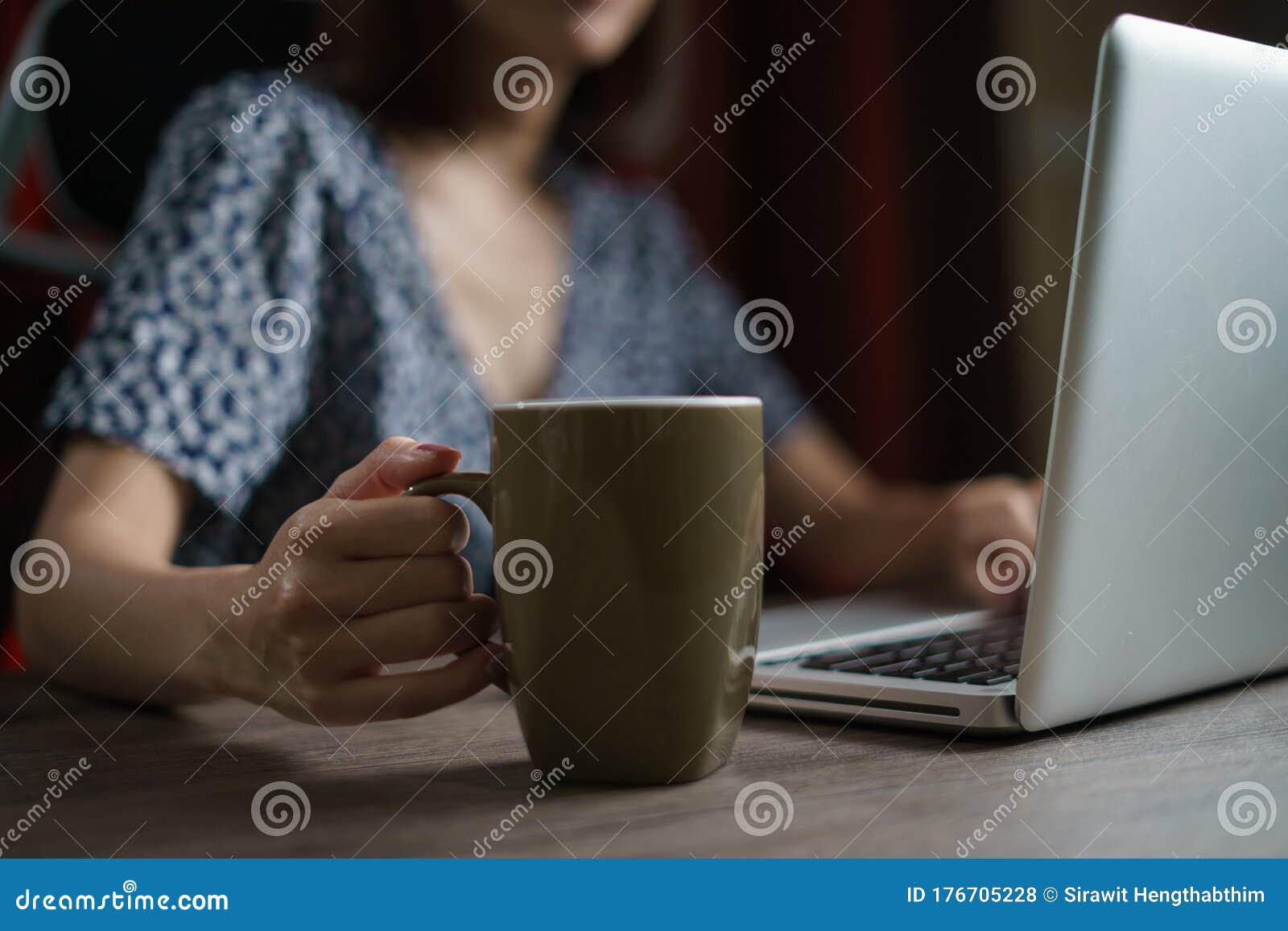 Woman Working from Home Using Computer and Drinking Cup of Tea, Closeup ...