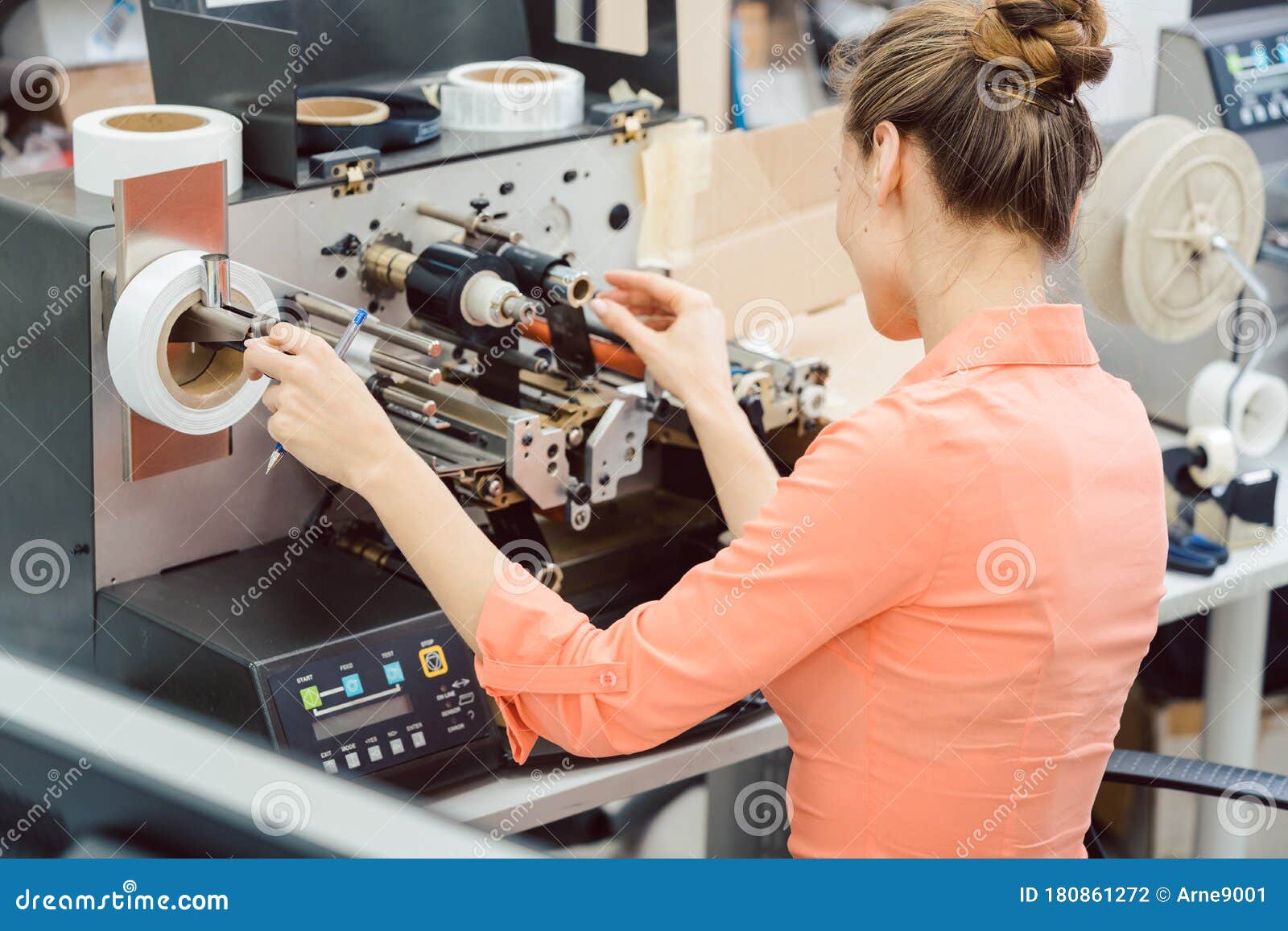 Woman Working on Label Printing Machine Stock Photo - Image of printer ...