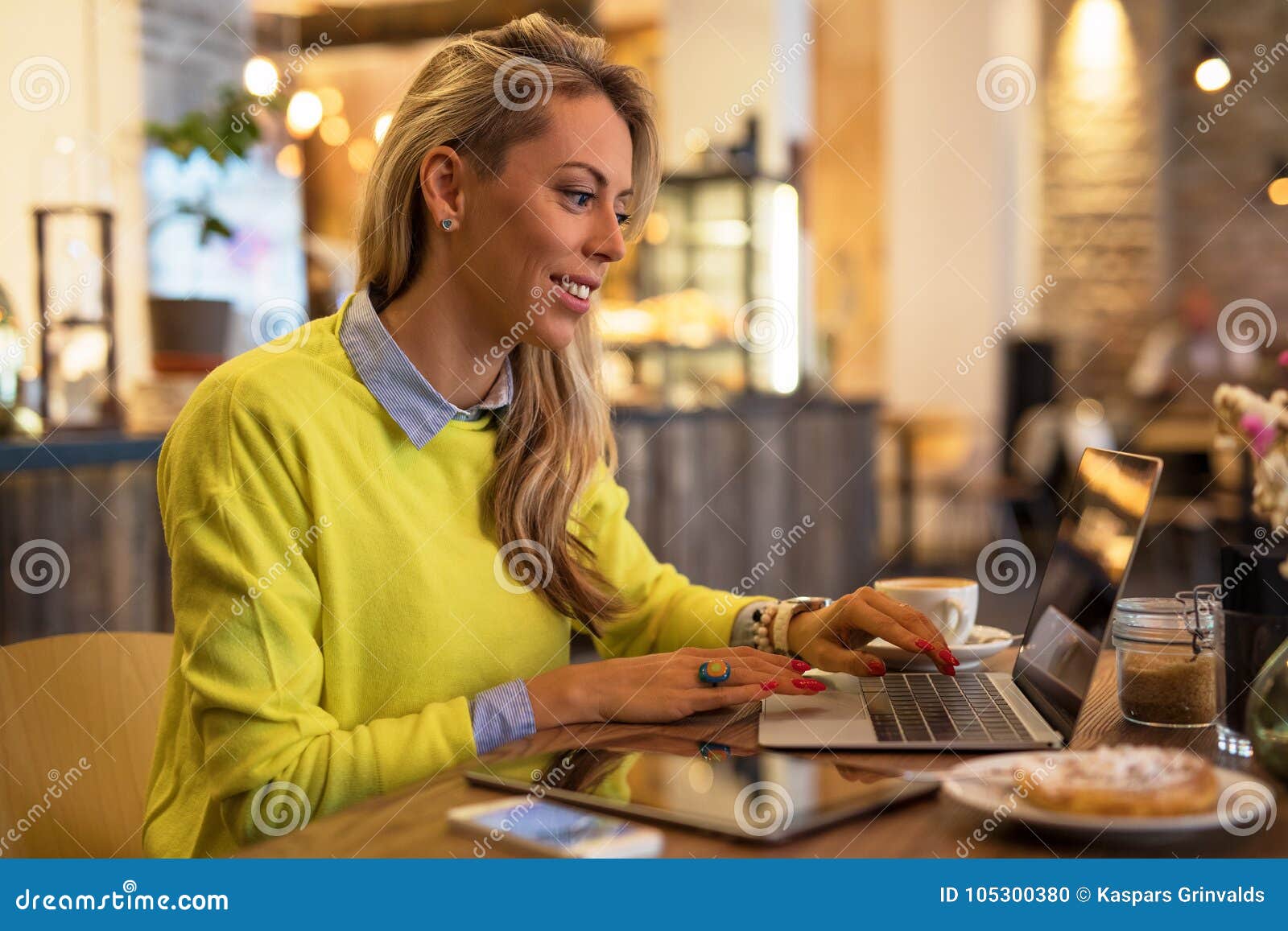 Woman Working with Laptop in Cafe Stock Photo - Image of mobile, cafe ...