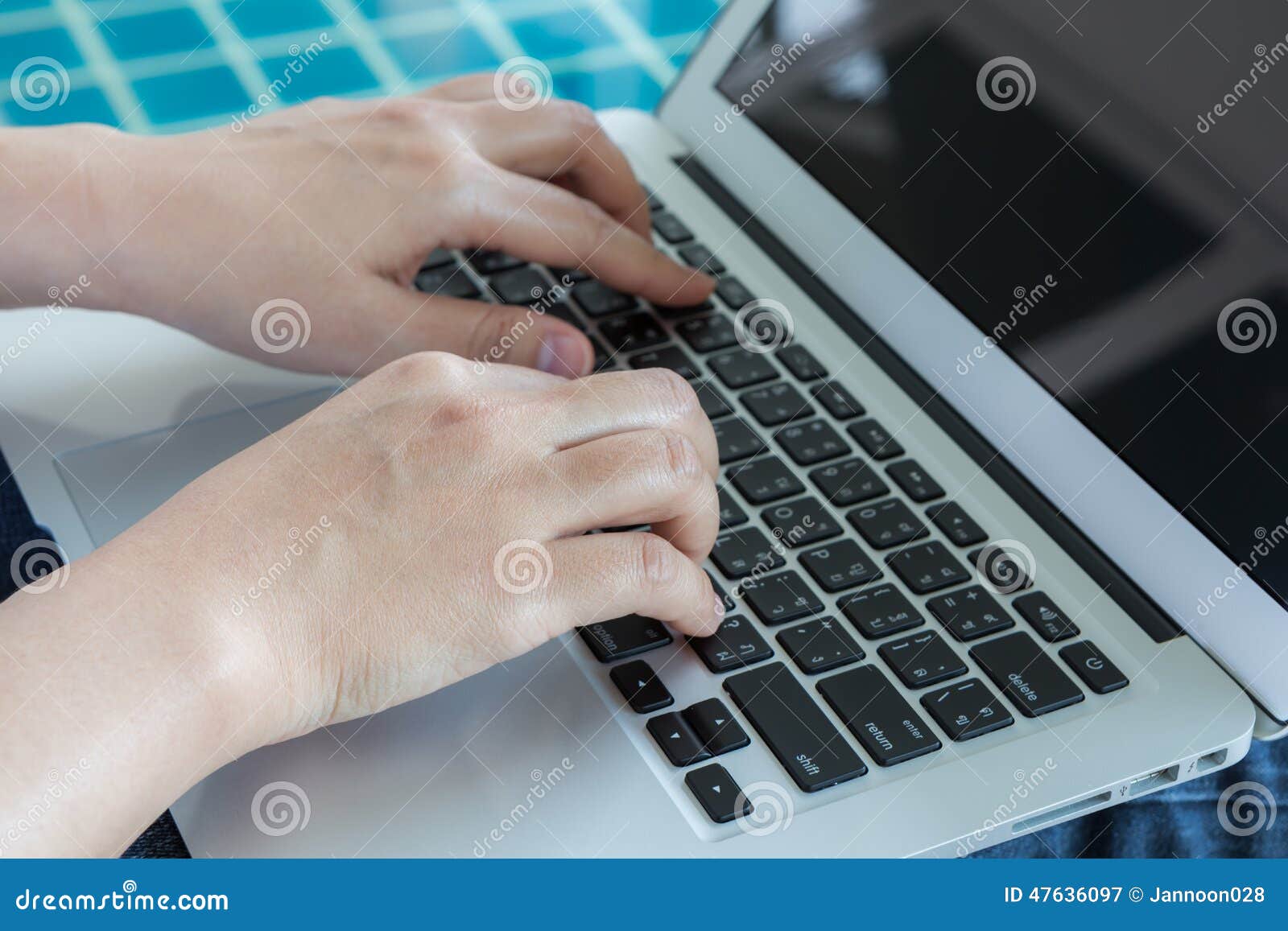 Woman Working with Laptop Computer Sitting at Swimming Pool Stock Image ...