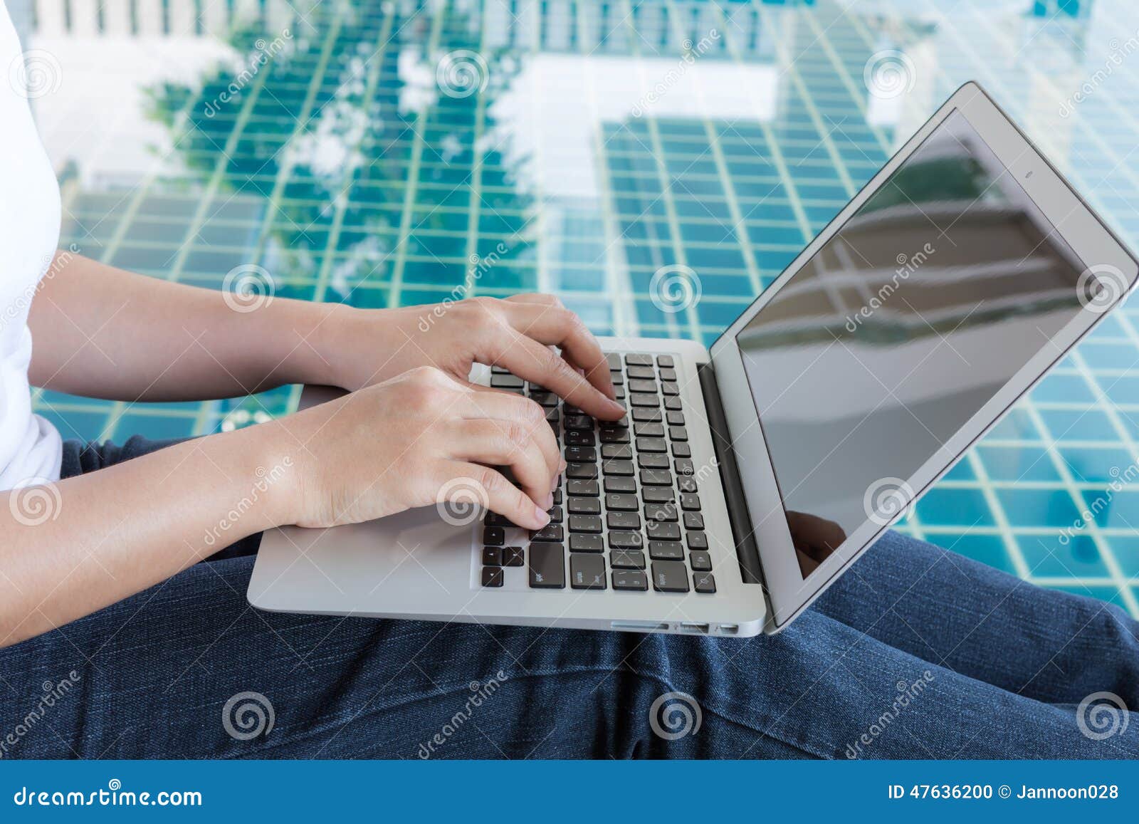 Woman Working with Laptop Computer Sitting at Swimming Pool Stock Photo ...