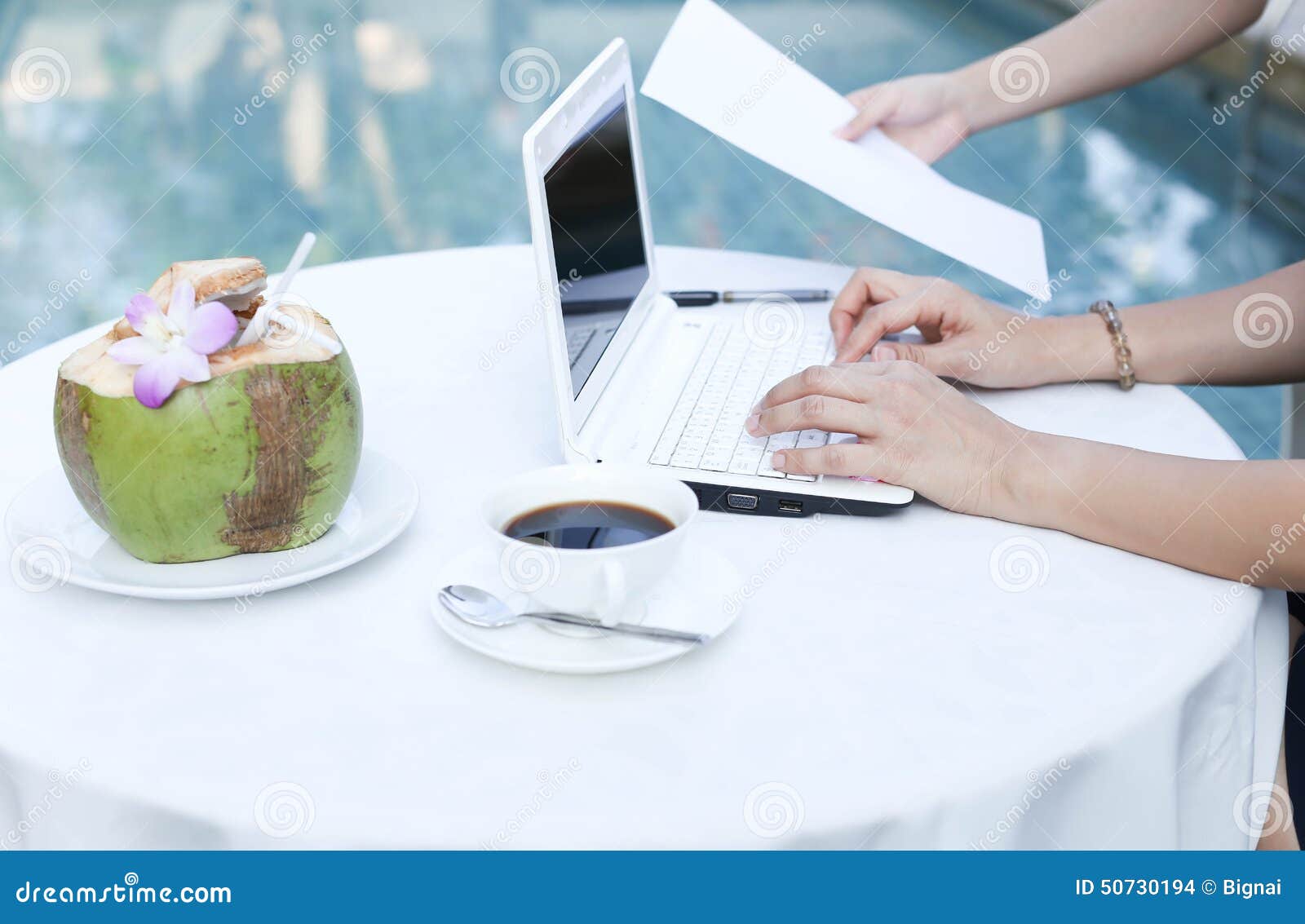 Woman Working with Laptop Computer by Swimming Pool Stock Photo - Image ...