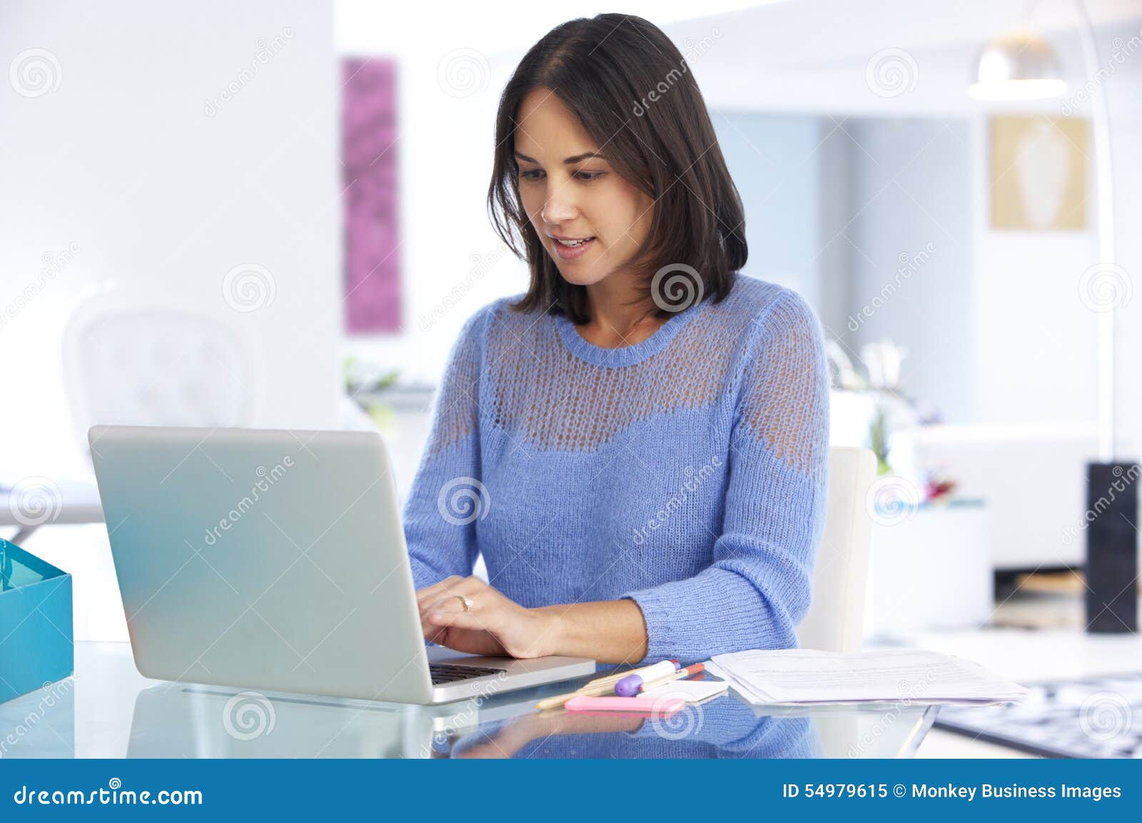 Woman Working at Laptop in Home Office Stock Image - Image of pretty ...