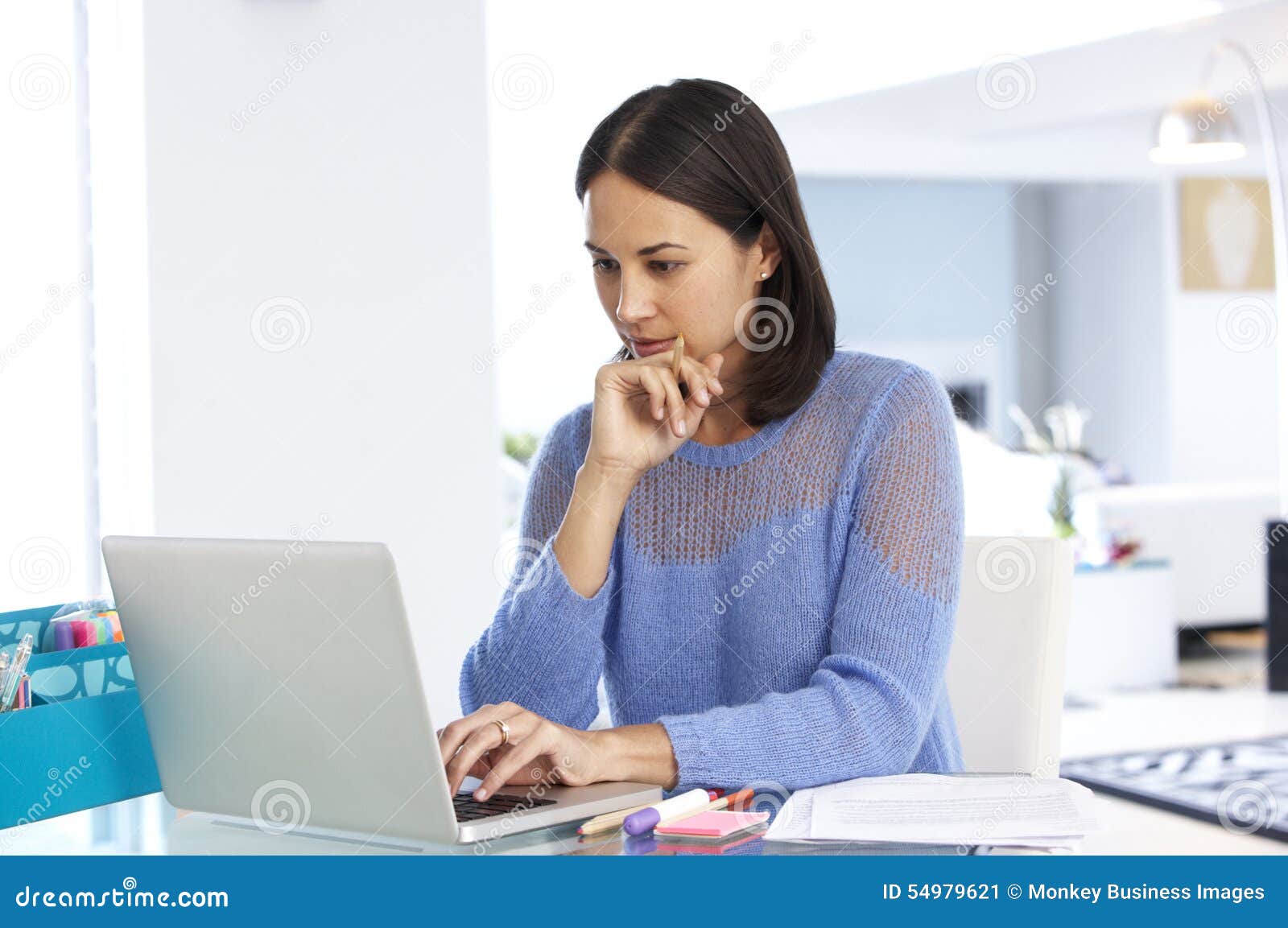 Woman Working at Laptop in Home Office Stock Image - Image of people ...