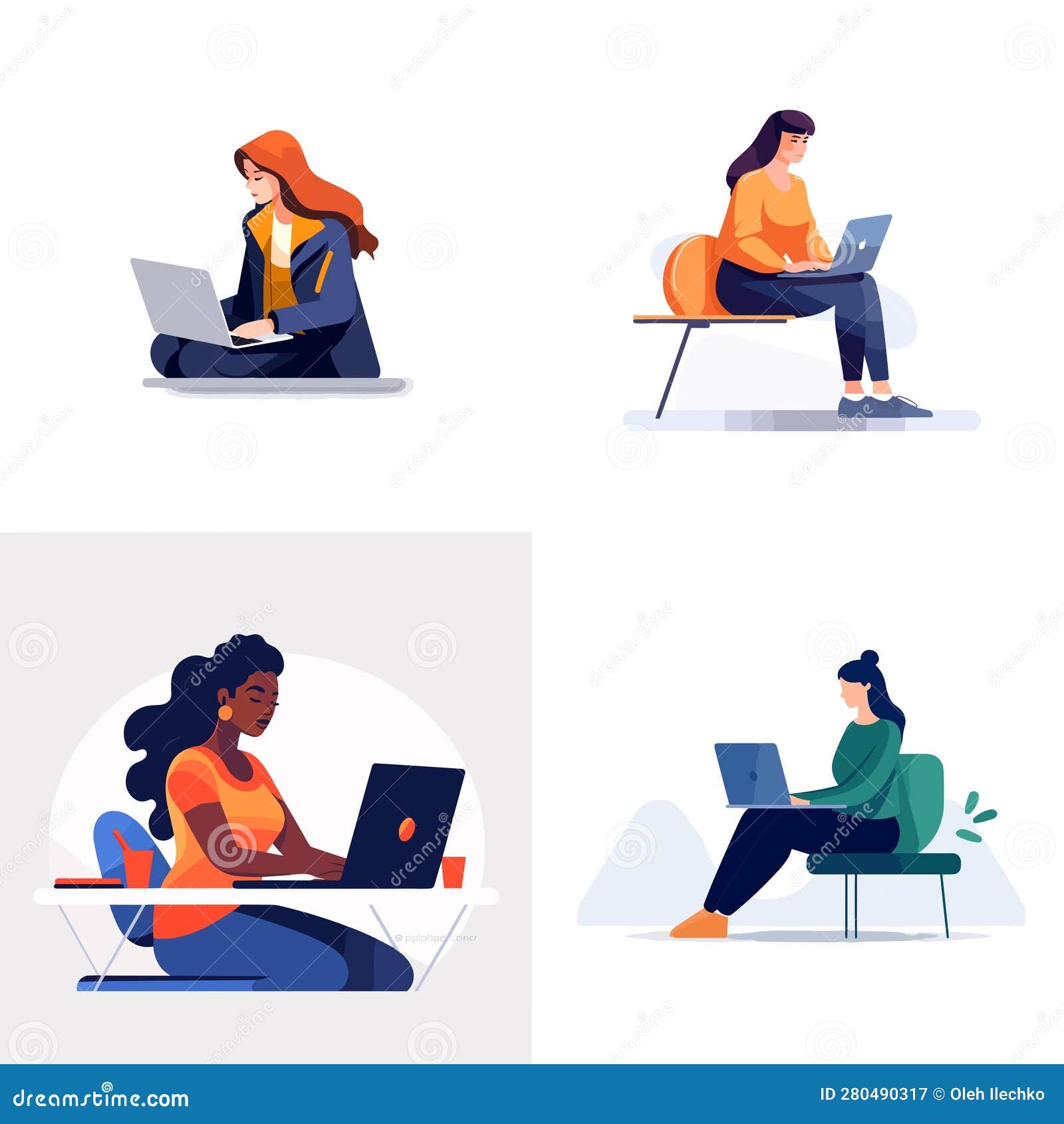Woman Working On Laptop Set Vector Isolated Illustration Stock Vector