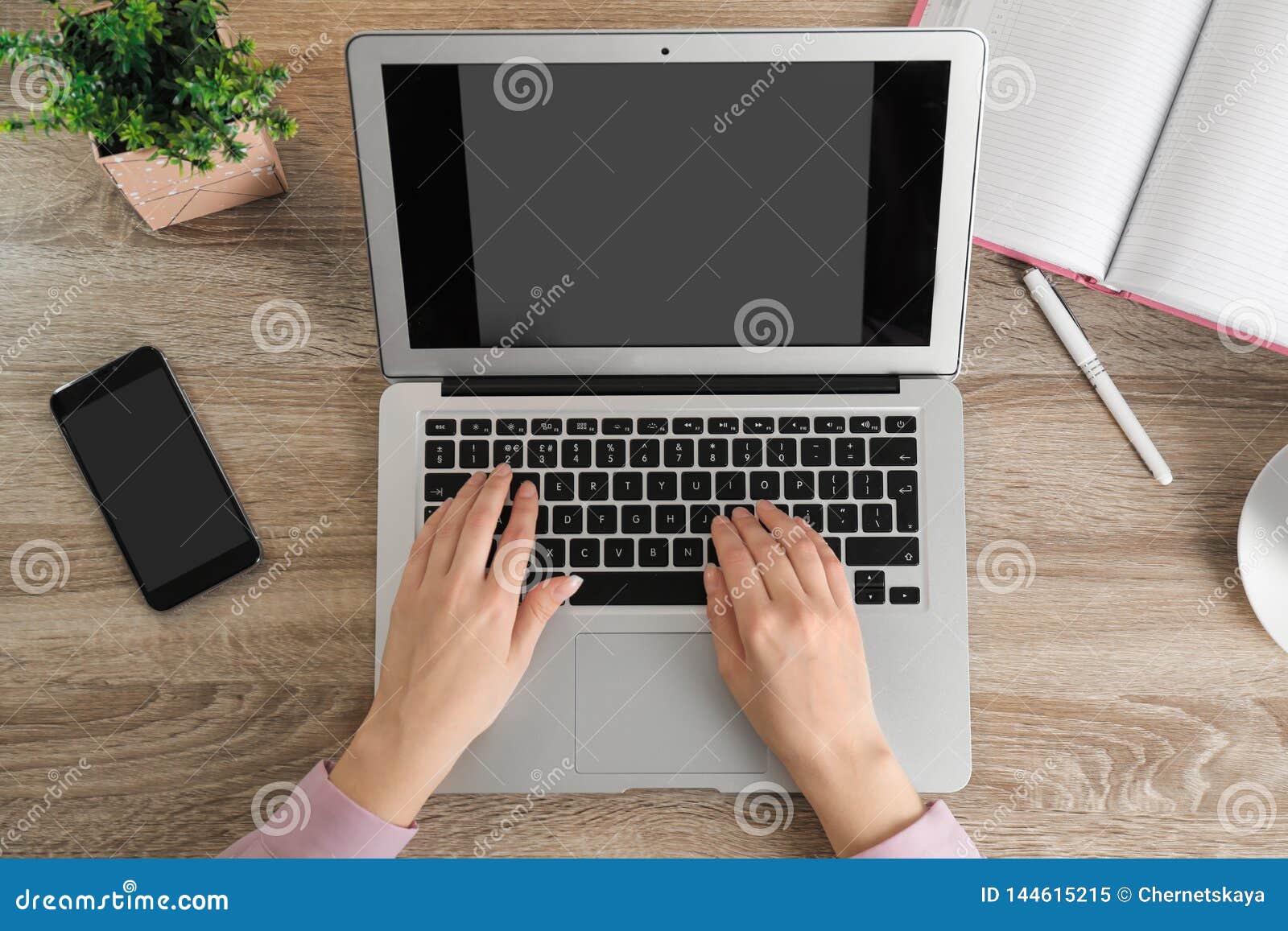 Woman Working with Laptop at Table, Top View. Stock Image - Image of ...