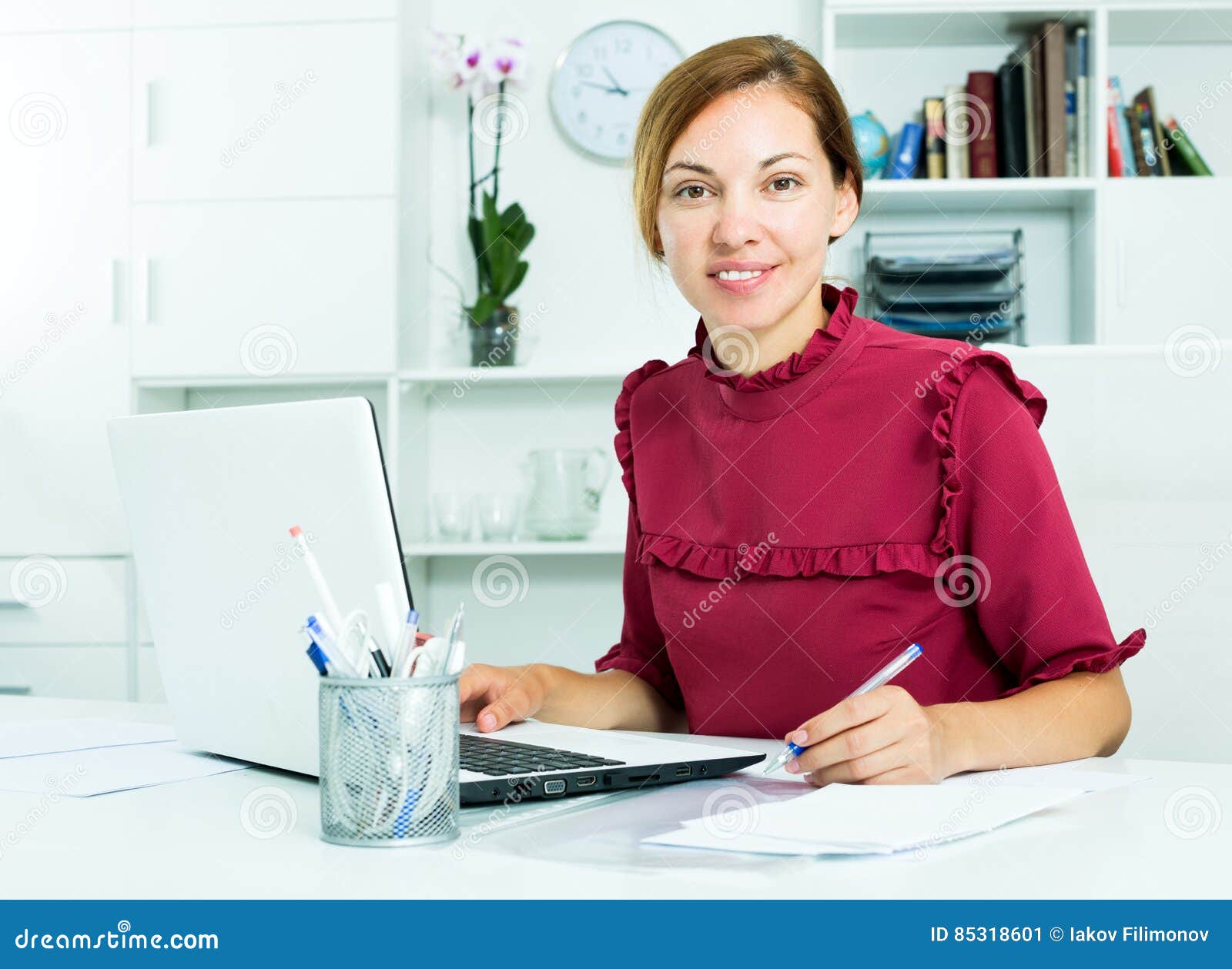 Woman Working with Laptop and Taking Notes Stock Image - Image of ...