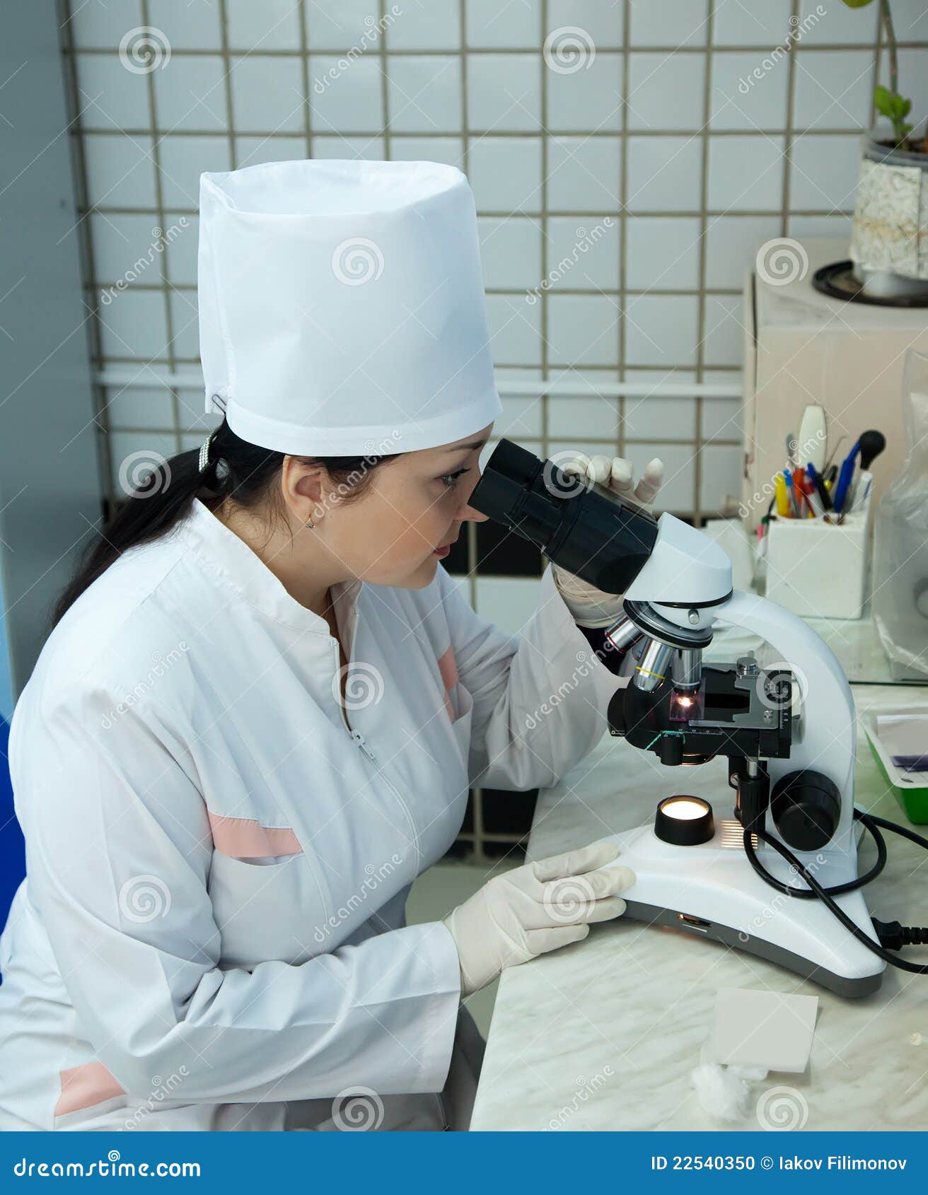 Woman Working with Microscope Stock Photo - Image of micro ...