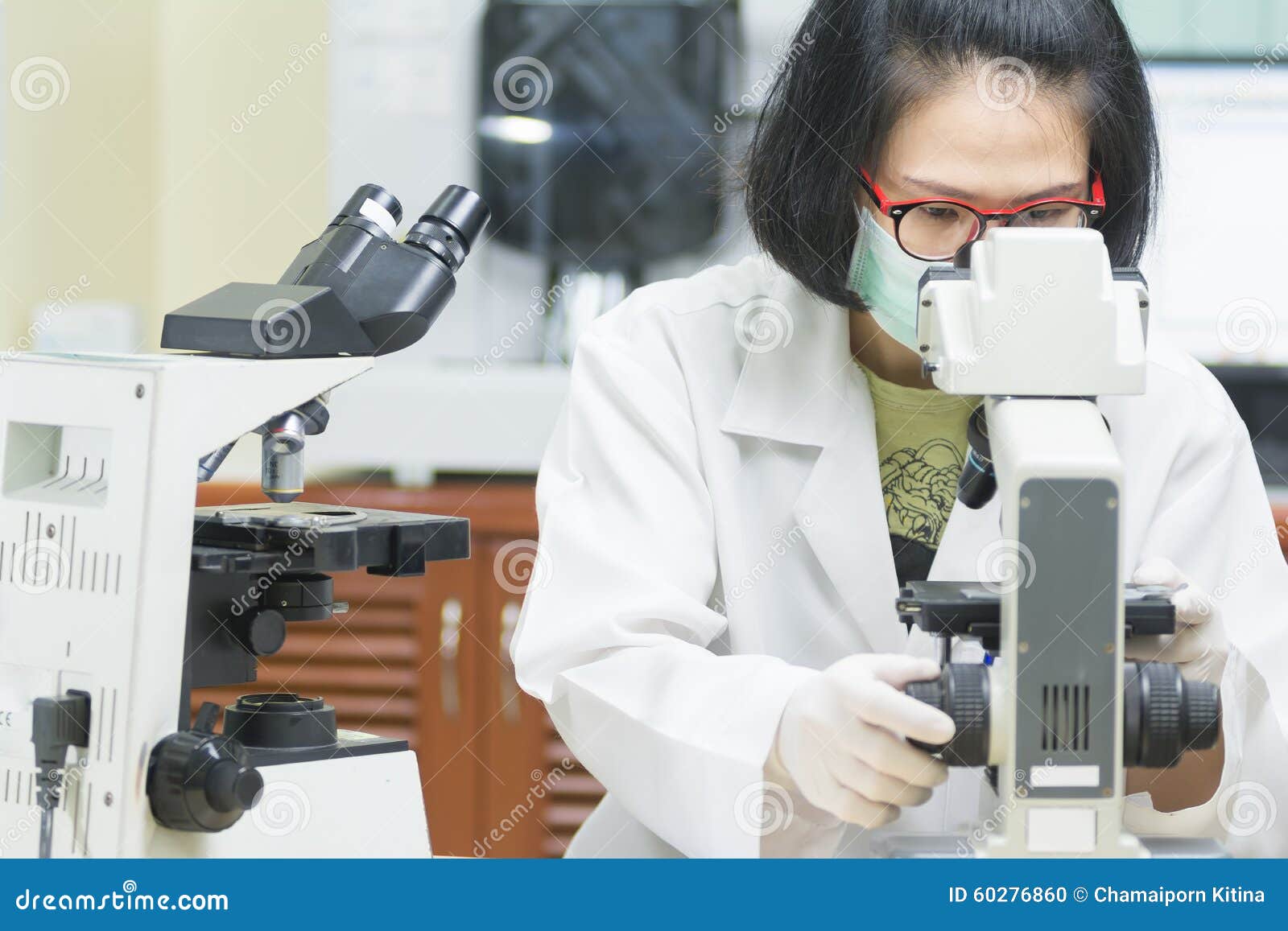 Woman Working with a Microscope in Lab. Stock Photo - Image of adult ...