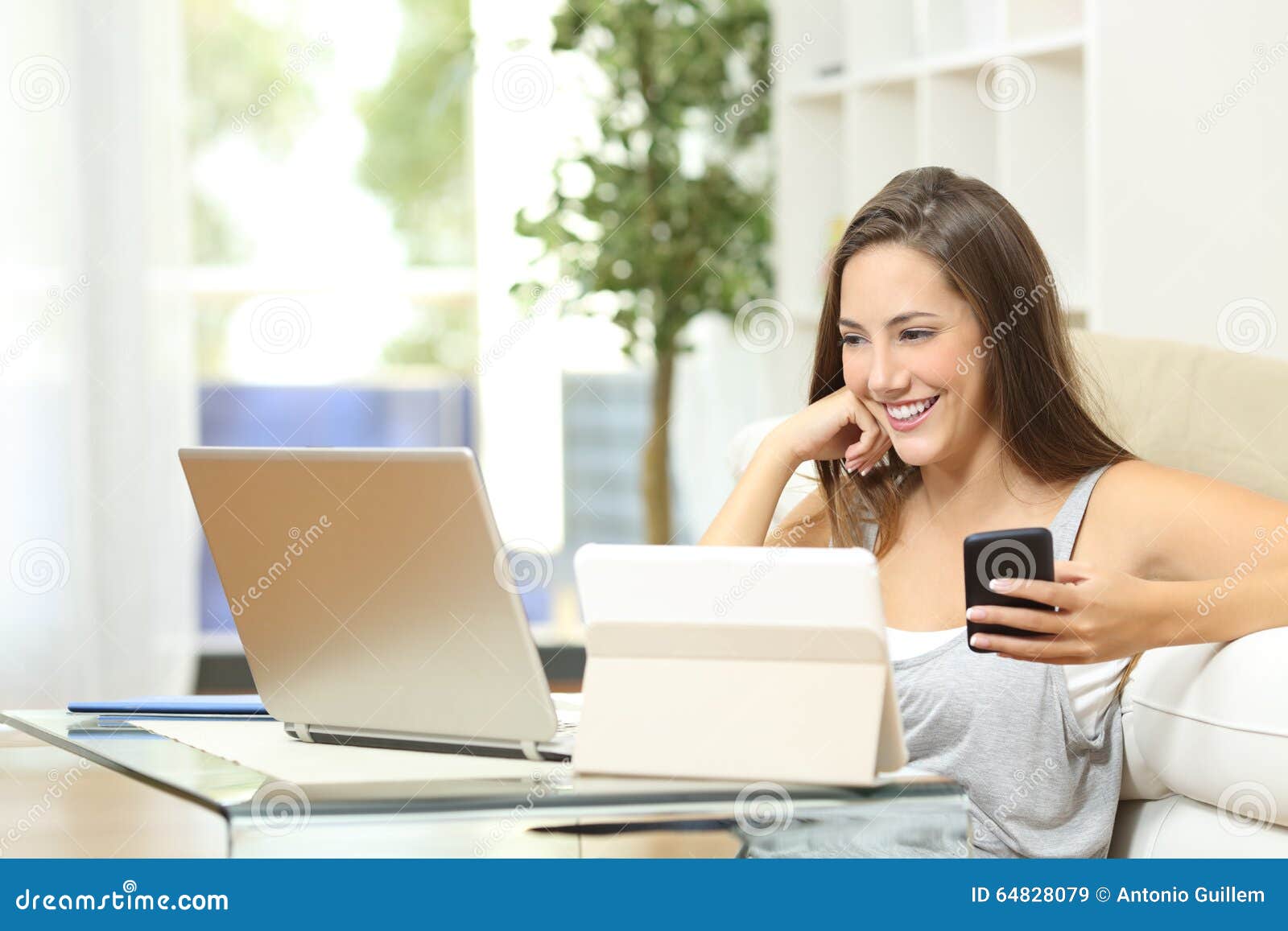 Woman Working with Multiple Devices Stock Image - Image of connection ...