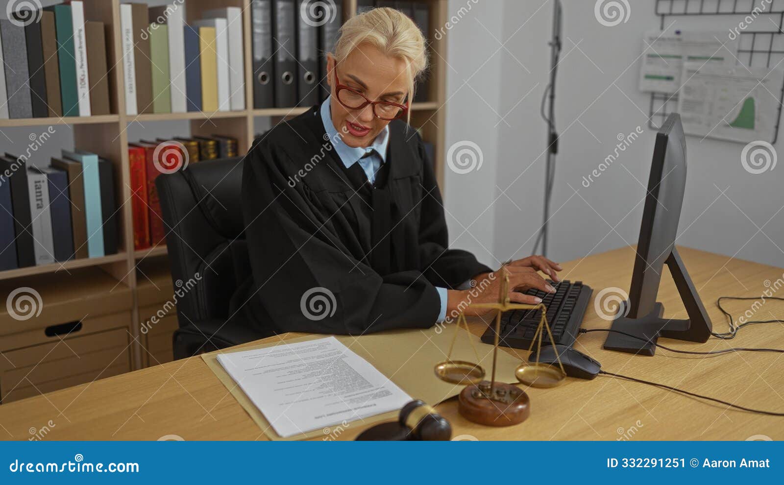 Woman Working in Office As Judge, Typing on Computer with Documents and ...
