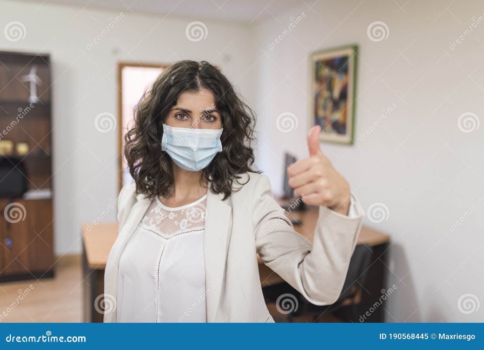 Woman Working in Office with Face Mask Doing Ok with Thumb Stock Image ...