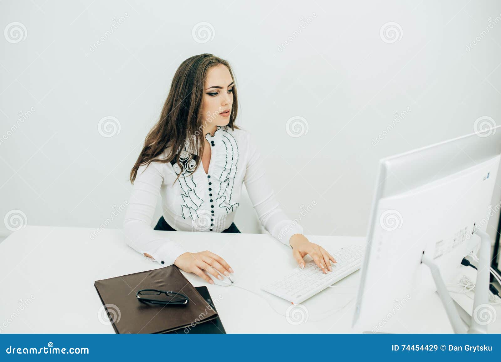 Woman Working in Office, Sitting at Desk, Using Computer Stock Image ...