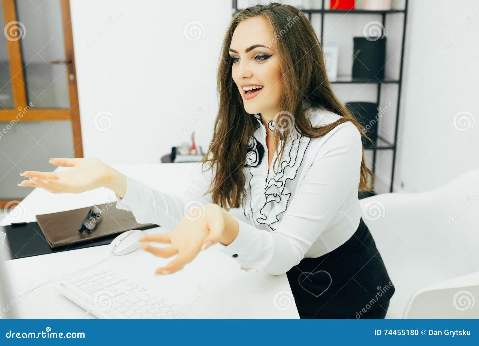 Woman Working in Office, Sitting at Desk, Using Computer Stock Photo ...