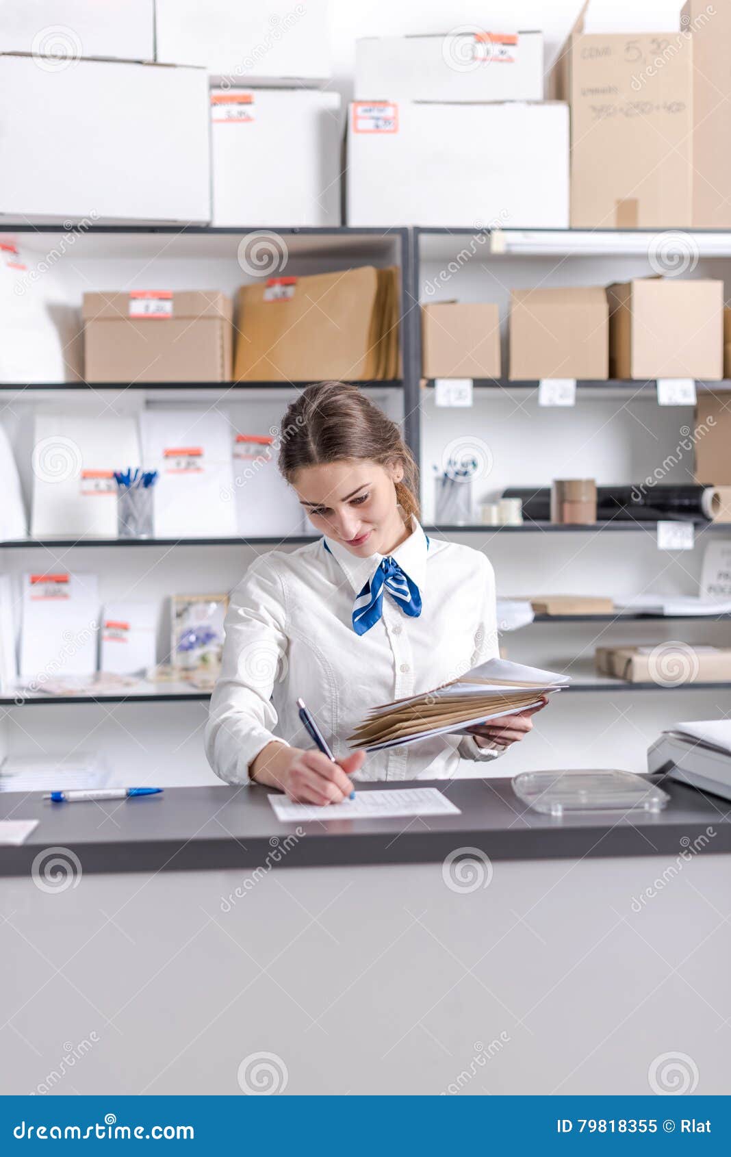 Woman Working at the Post Office Stock Image - Image of gift ...
