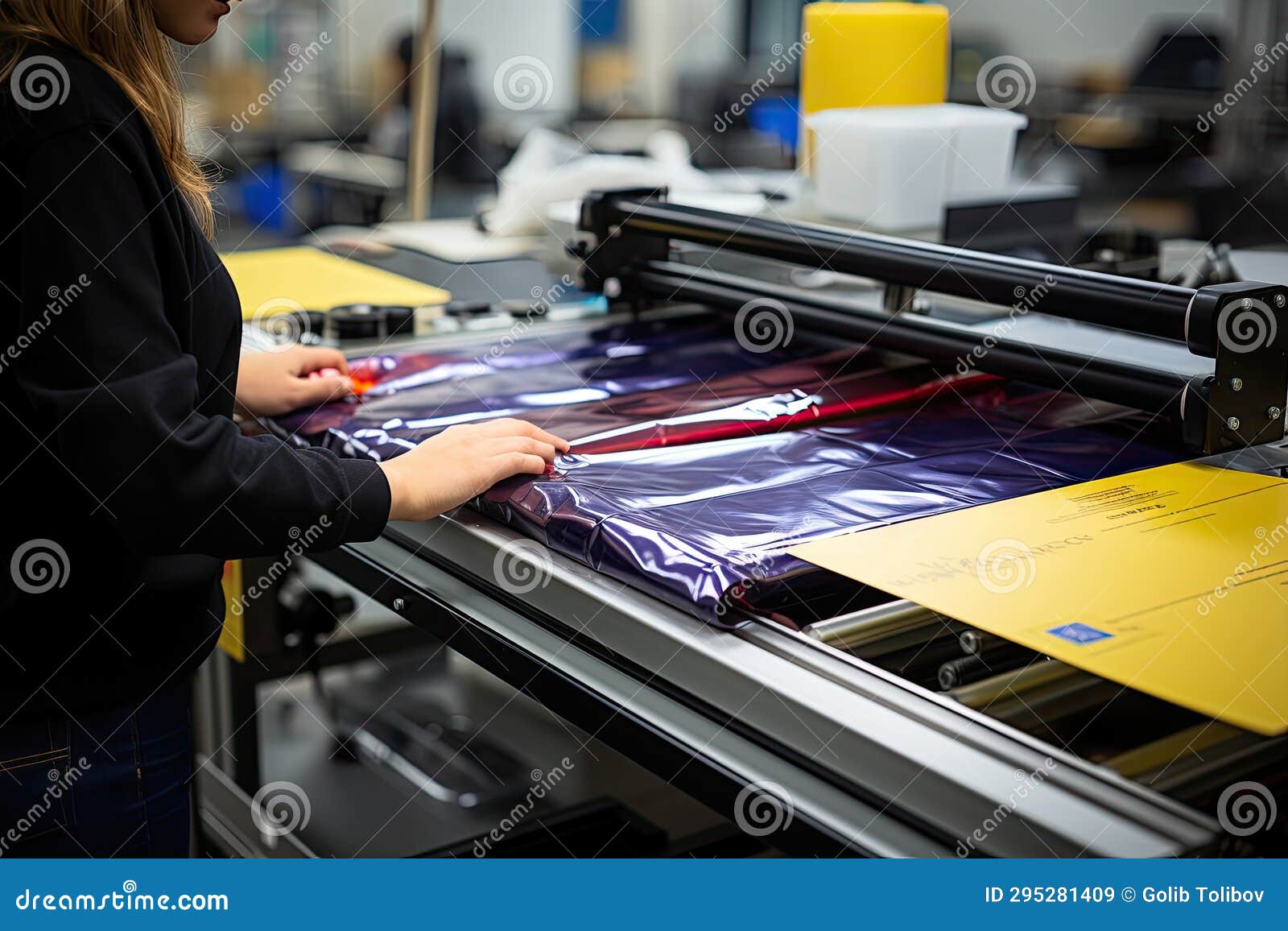A Woman Working with a Printing Machine in a Factory Stock Illustration ...