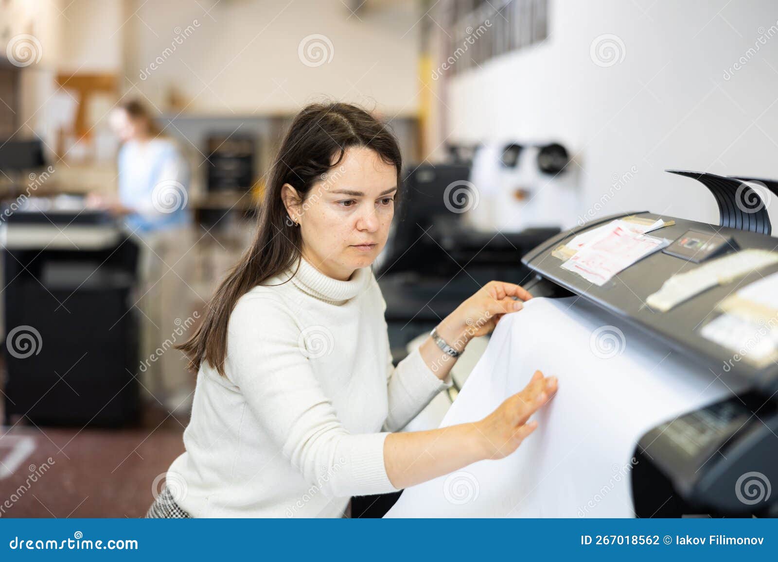 Woman Working in Printing Office, Using Printer Stock Photo - Image of ...