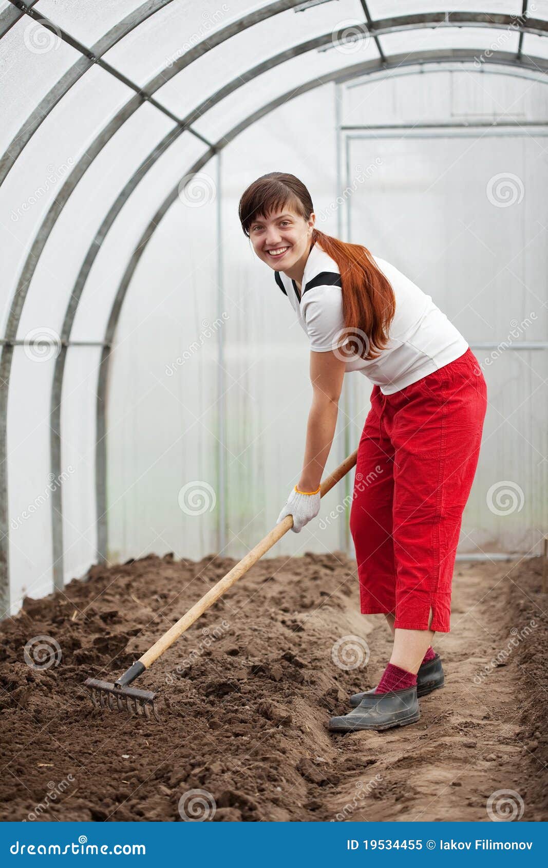 Woman working with rake stock image. Image of hothouse - 19534455