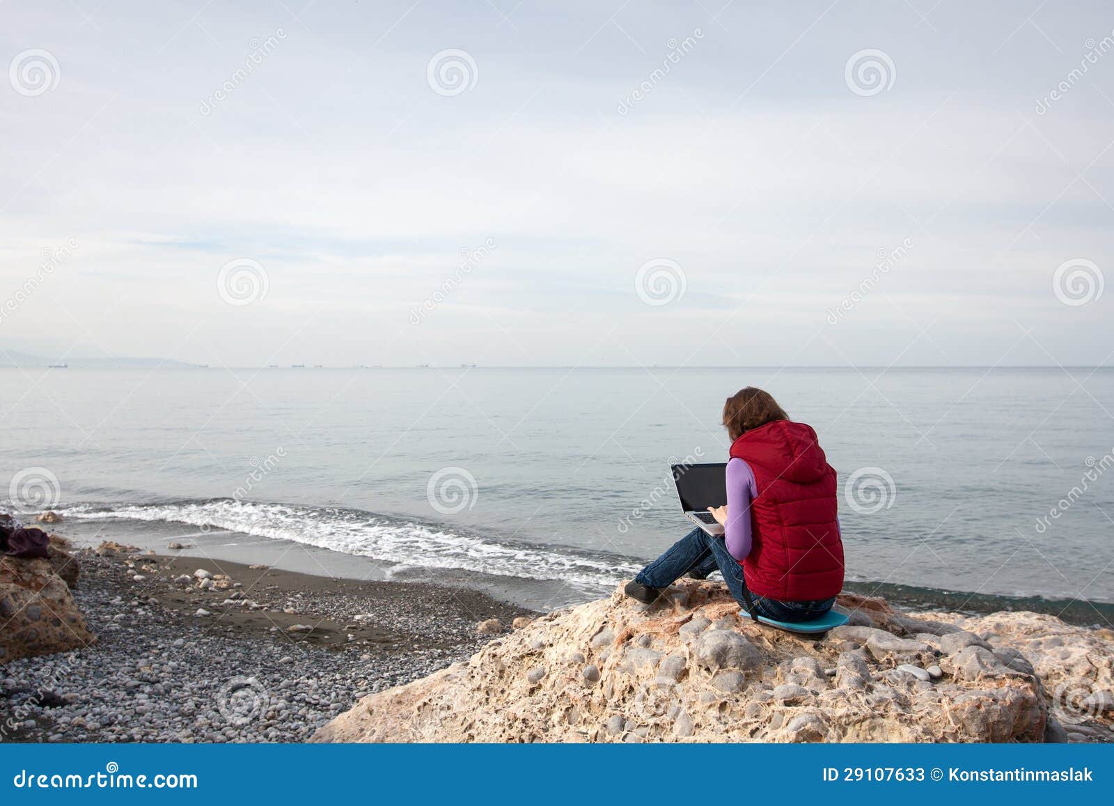 Woman Working at the Seaside Stock Image - Image of computer, people ...