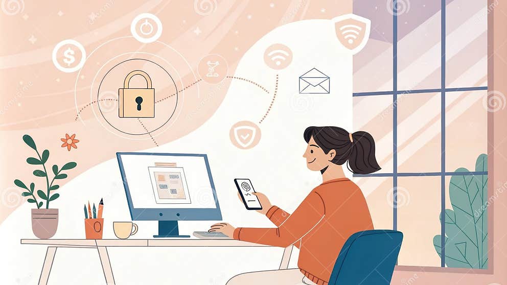 Woman Working Securely from Home Office Using Two Factor Authentication ...