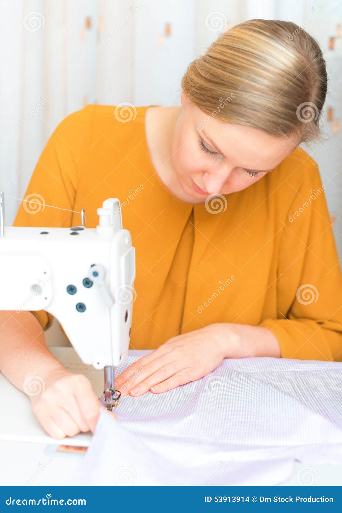 Woman Working on Sewing Machine. Stock Photo - Image of material ...