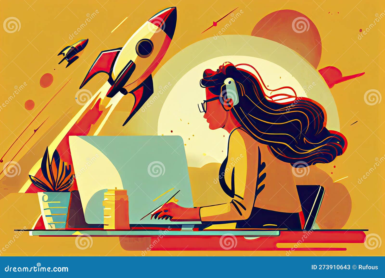Woman Working on Startup Vector Illustration. Lady Using Laptop for Work Idea Flat Style Stock ...