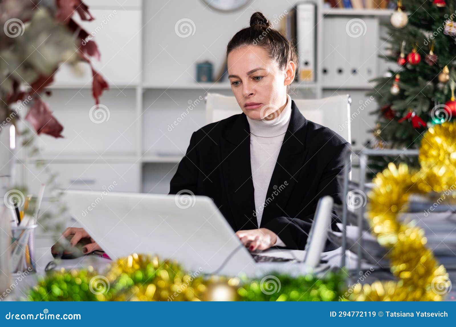 Woman Working in Workplace in Christmas Decorated Office Stock Image ...