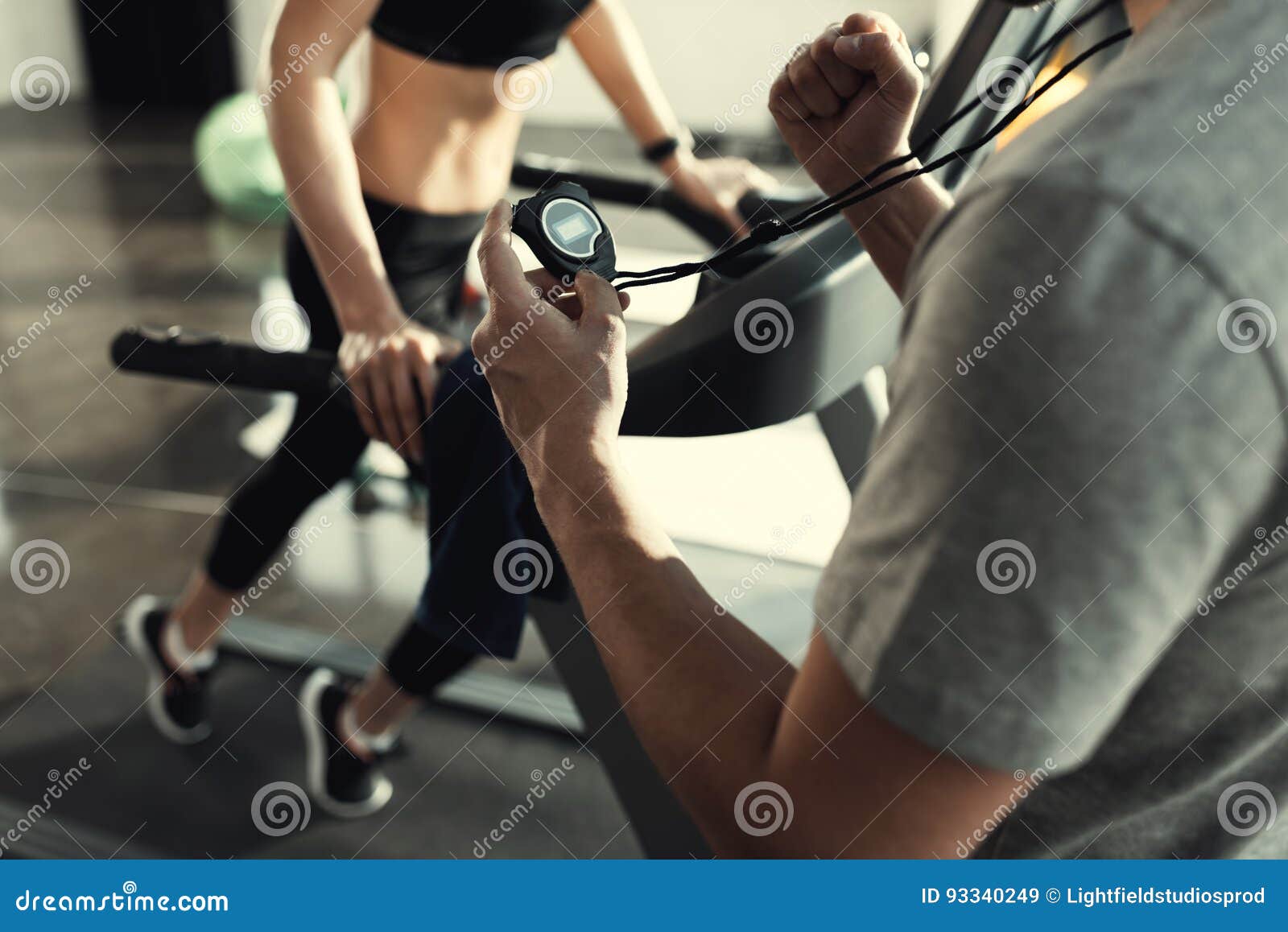 Woman Workout on Treadmill and Trainer with Timer Stock Image - Image ...