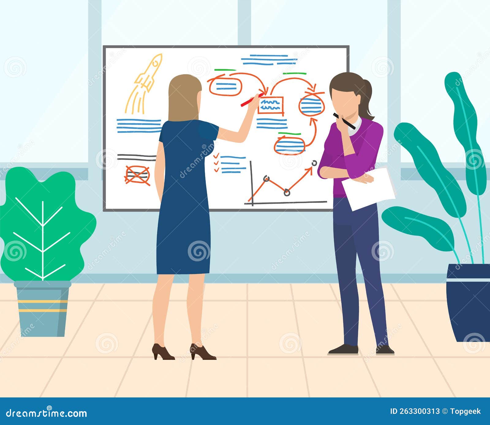 Woman at Workplace, Whiteboard Explanation Chart Stock Vector ...