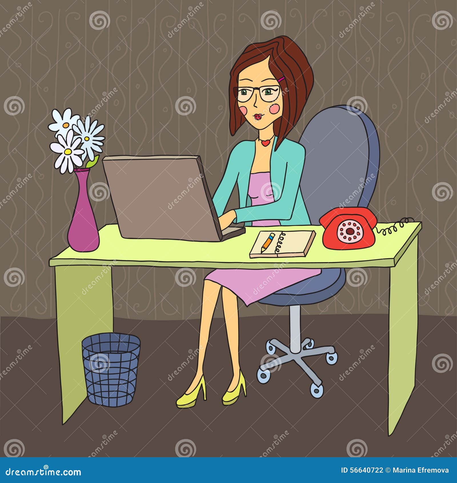 Woman Works Behind the Computer Stock Vector - Illustration of computer ...