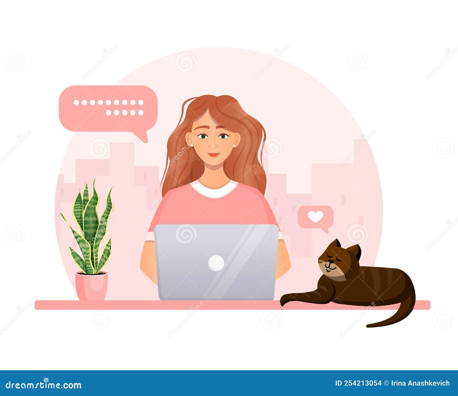 Woman Works at the Computer. Remote Work, Freelance, Home Office ...