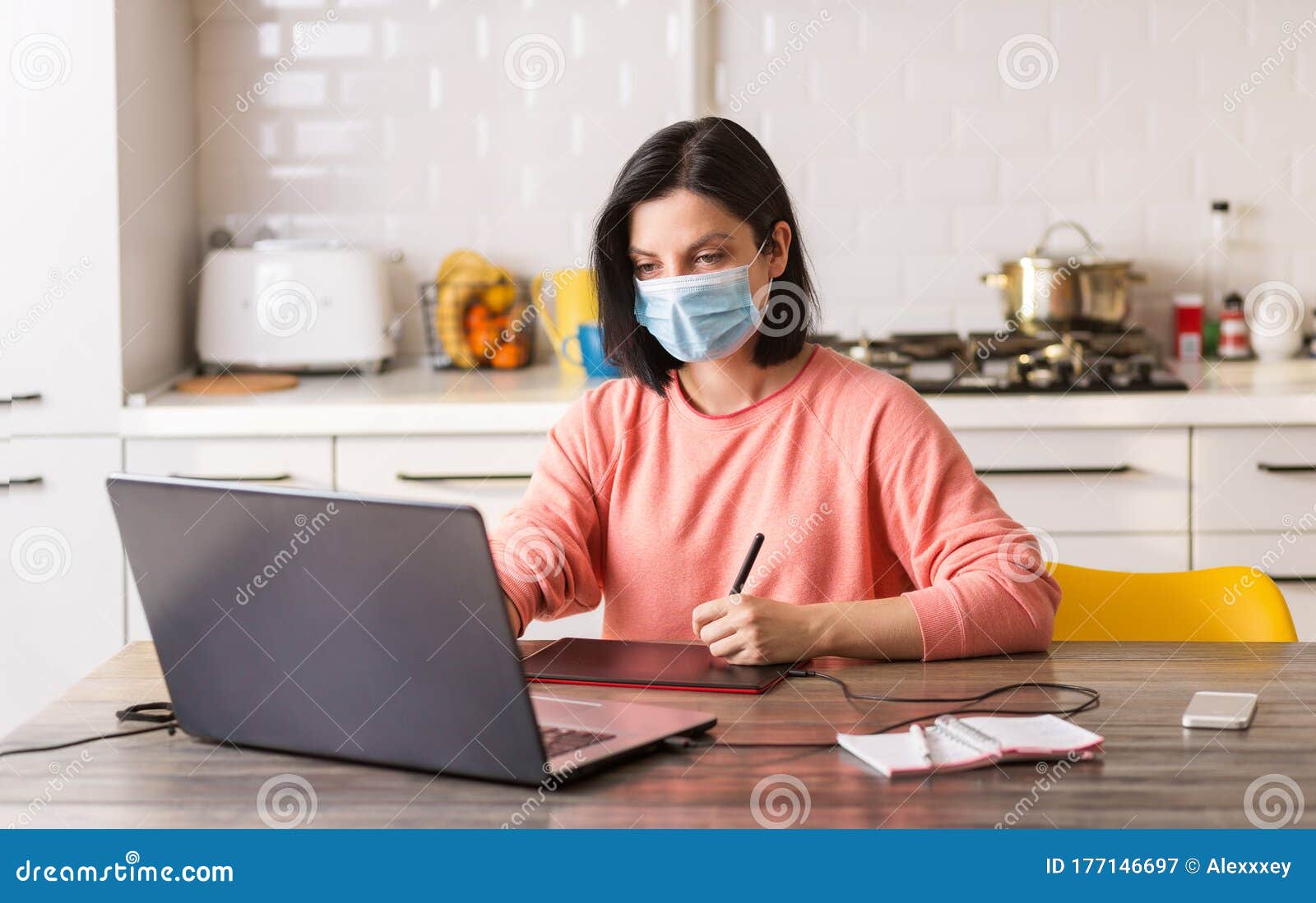 Woman Works at Home at the Computer in Quarantine Stock Image - Image ...