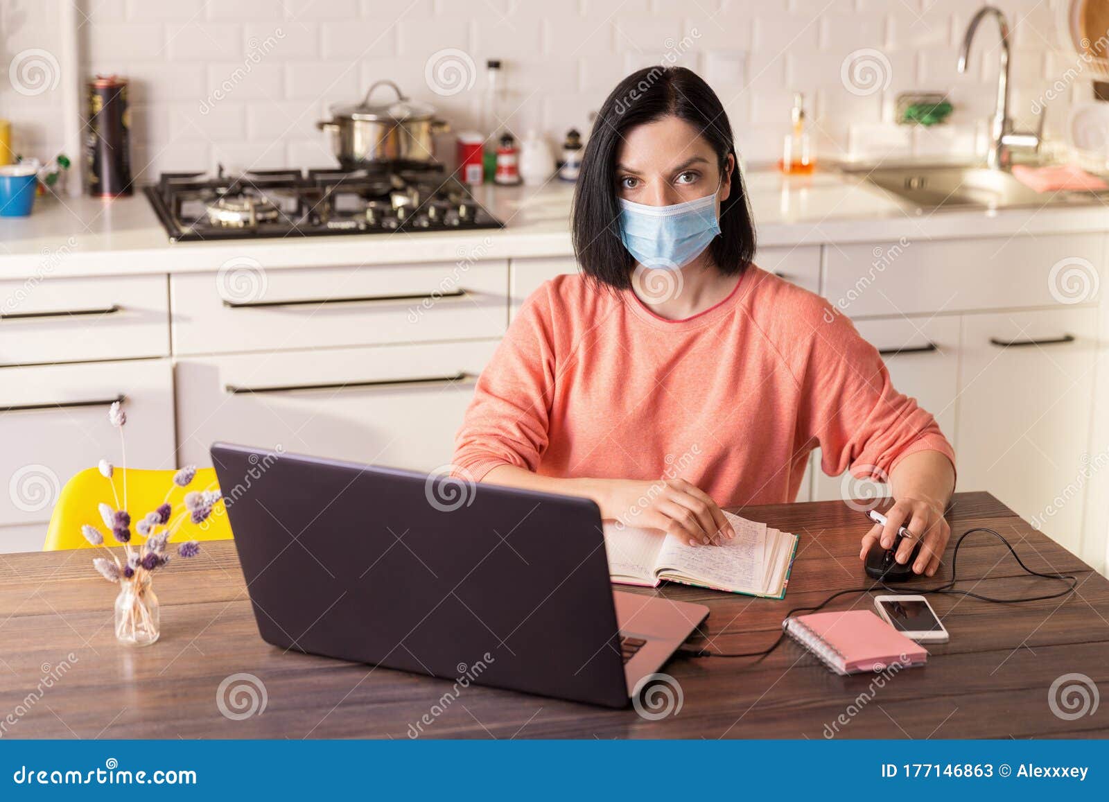 Woman Works at Home at the Computer in Quarantine Stock Image - Image ...