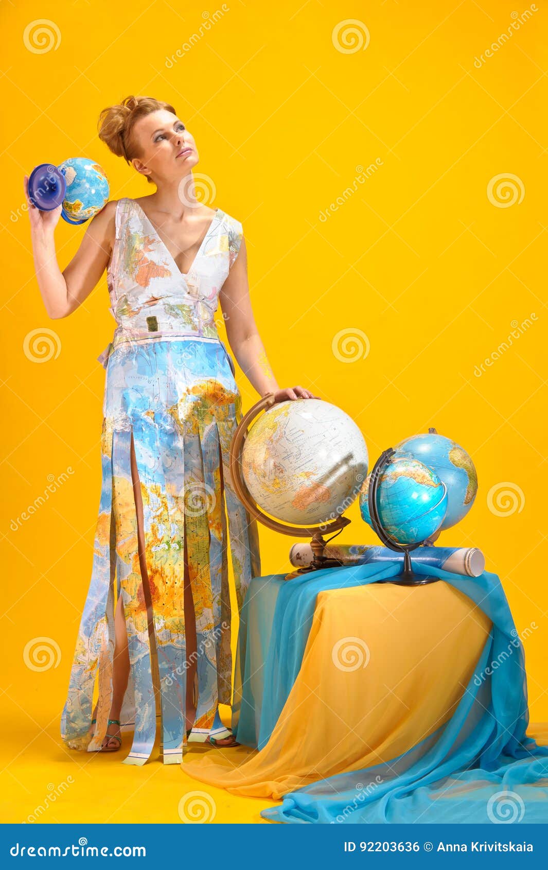 Woman with a World Map and Globes Stock Photo - Image of hands, concept ...