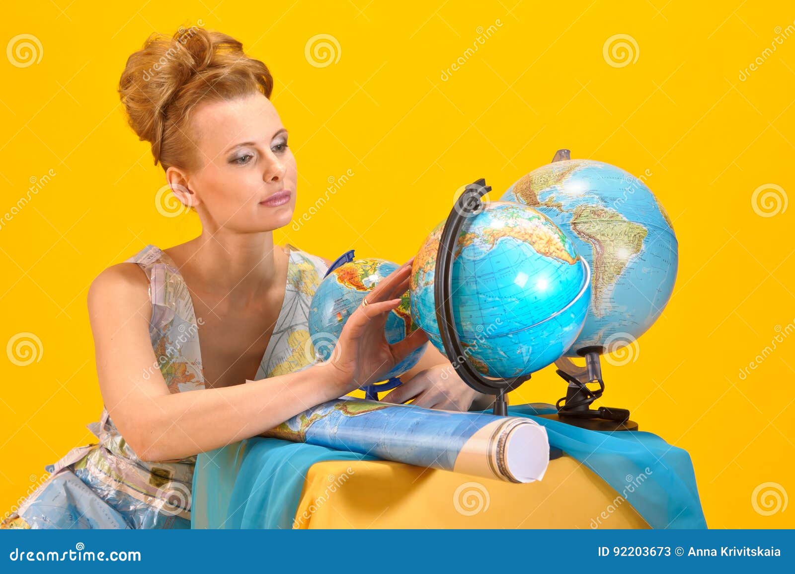 Woman with a World Map and Globes Stock Image - Image of hands ...