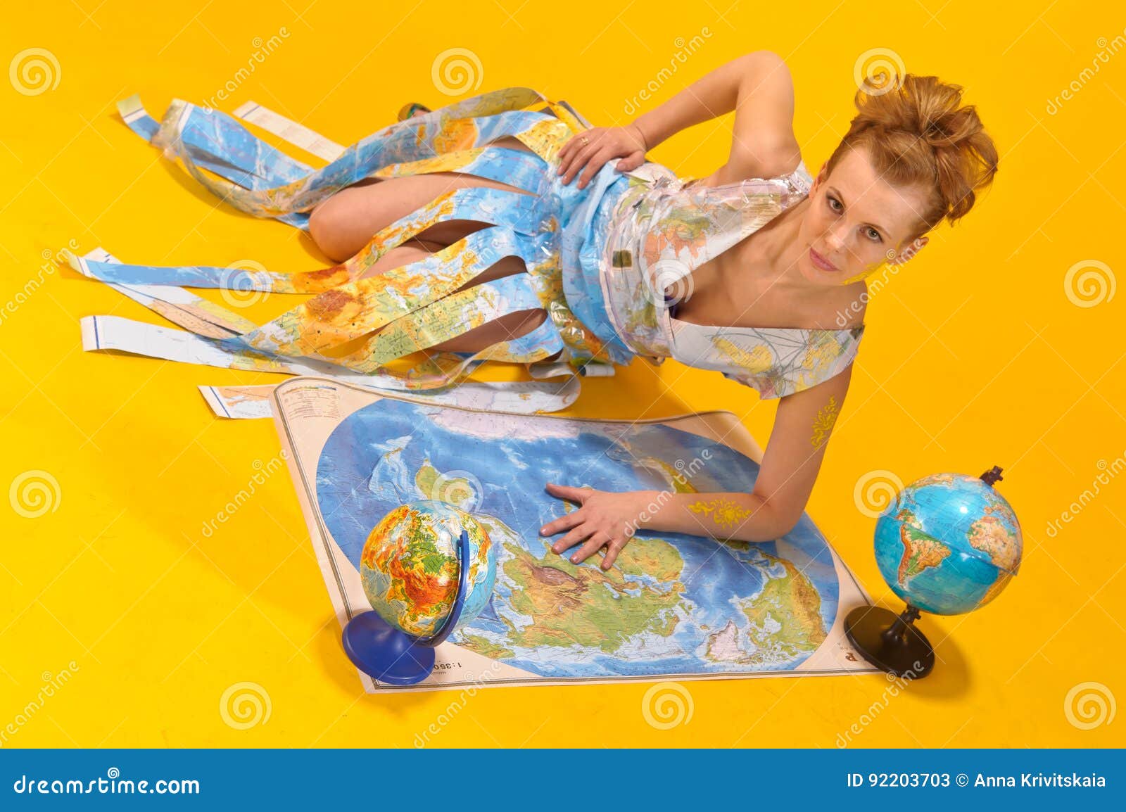 Woman with a World Map and Globes Stock Image - Image of happy, adult ...