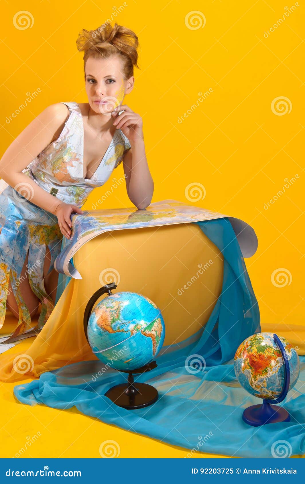 Woman with a World Map and Globes Stock Image - Image of educational ...