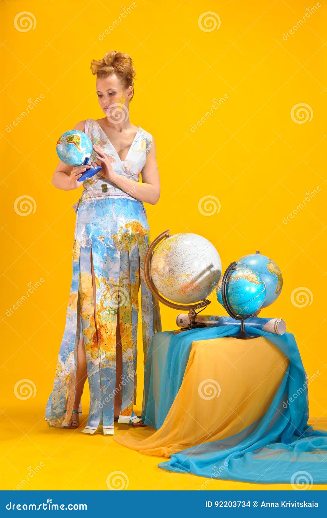 Woman with a World Map and Globes Stock Photo - Image of female ...