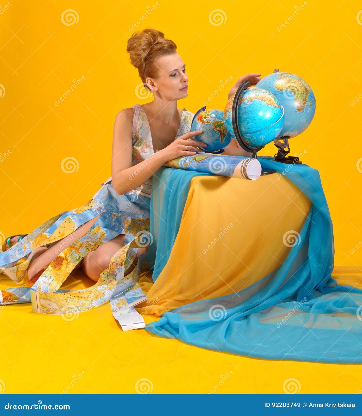 Woman with a World Map and Globes Stock Image - Image of knowledge ...