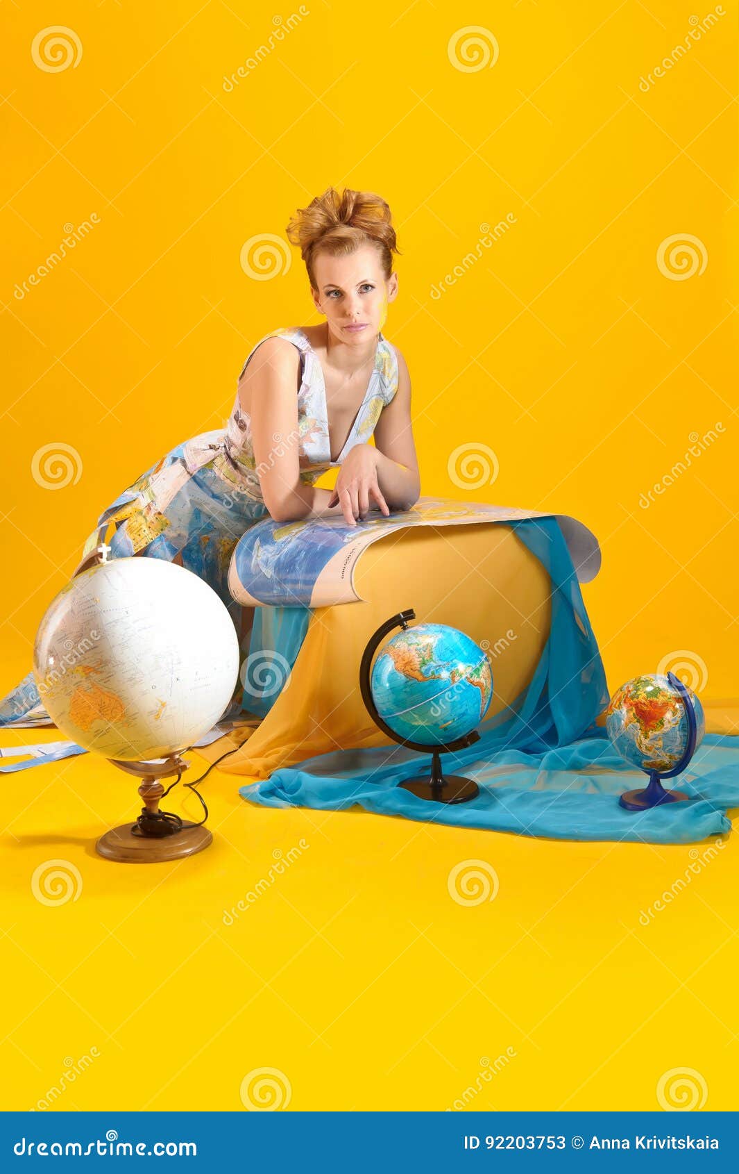Woman with a World Map and Globes Stock Image - Image of globes ...