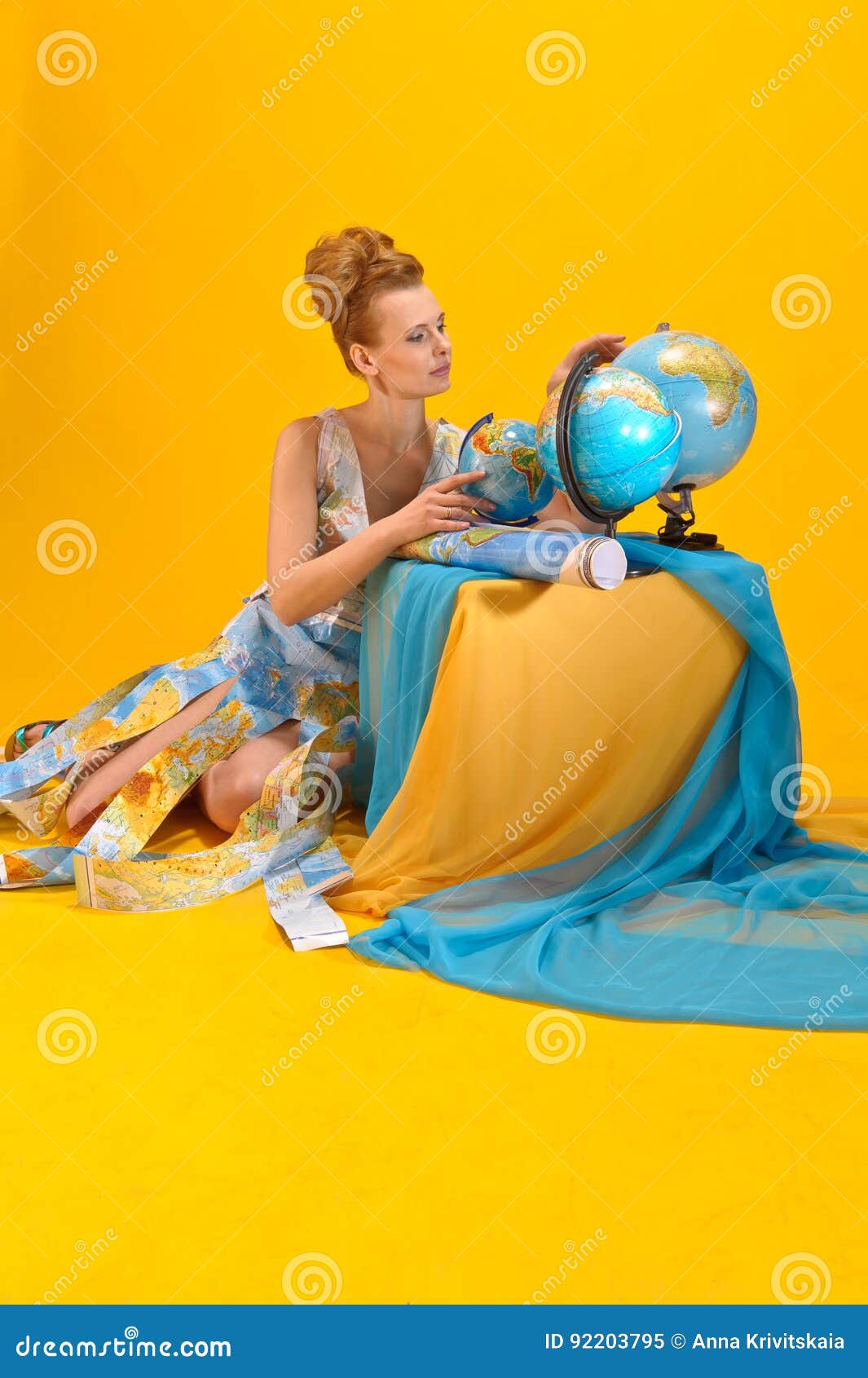 Woman with a World Map and Globes Stock Image - Image of exam, girl ...