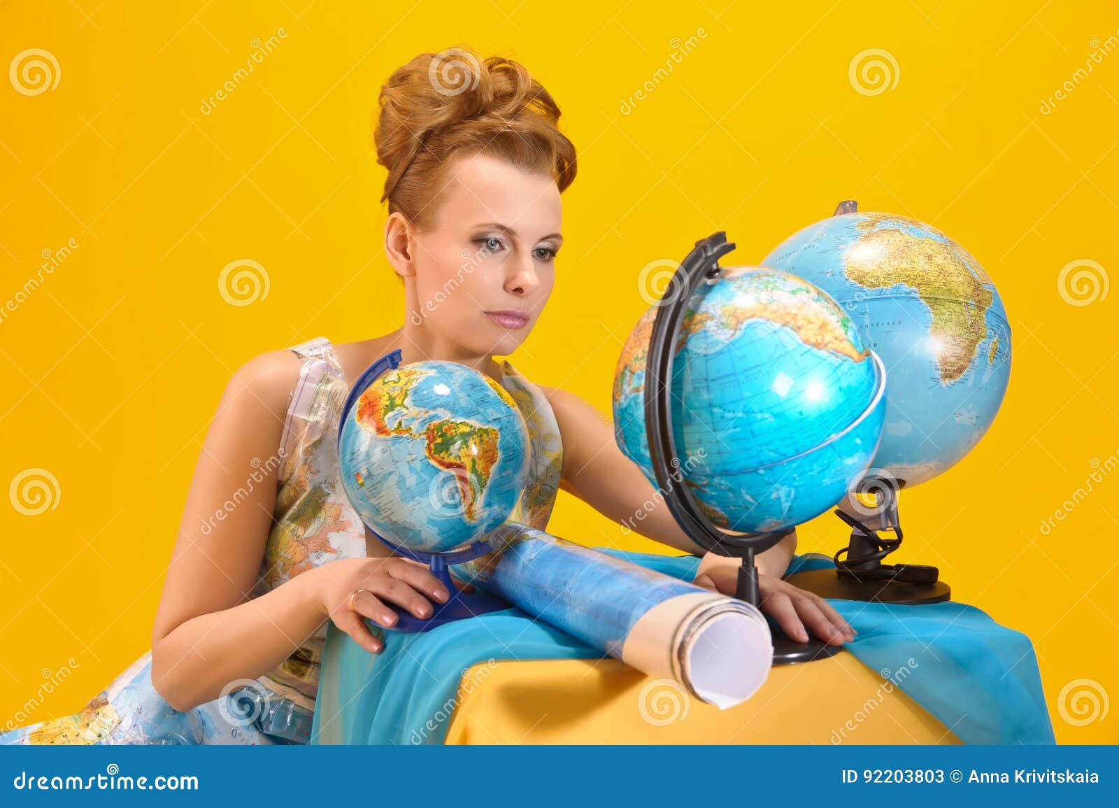 Woman with a World Map and Globes Stock Image - Image of happy, girl ...