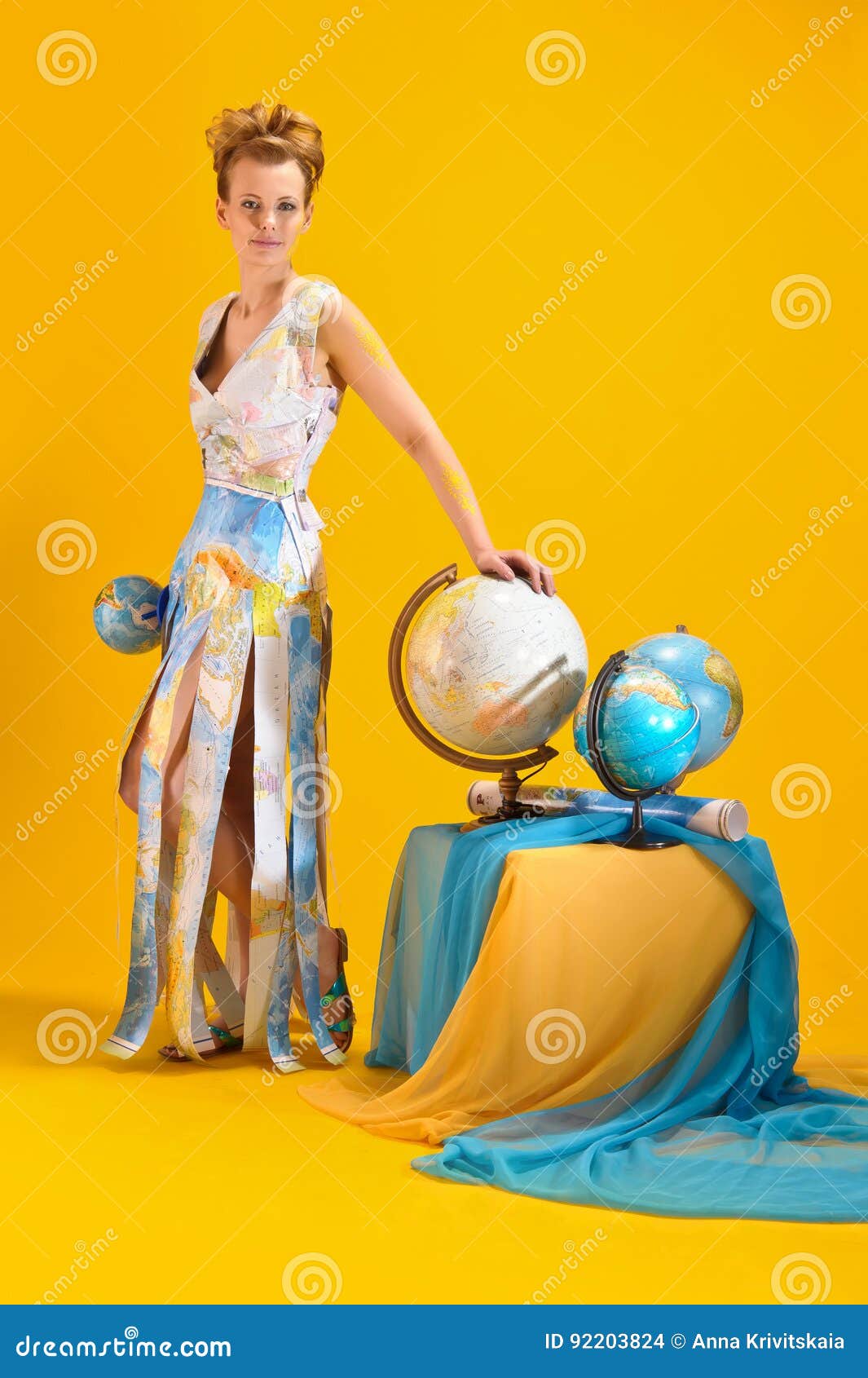 Woman with a World Map and Globes Stock Photo - Image of girl ...